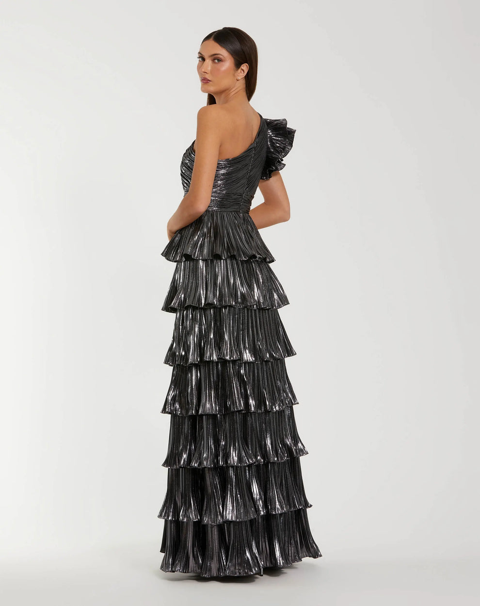 Dark Gray Pleated Metallic Ruffled One Shoulder Gown | Mac Duggal