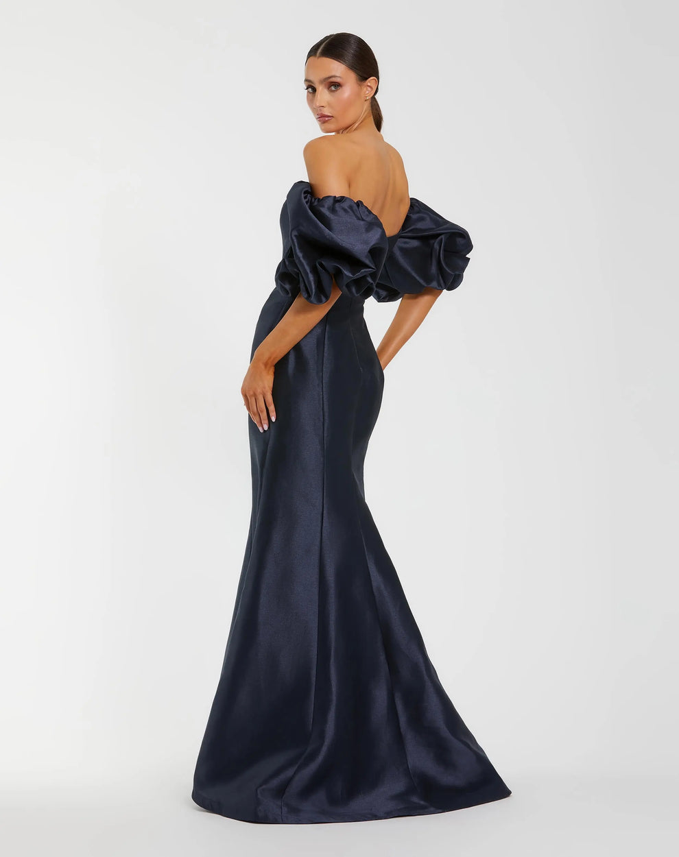 Navy Sweetheart Off The Shoulder Puff Sleeve Gown | Mac Duggal