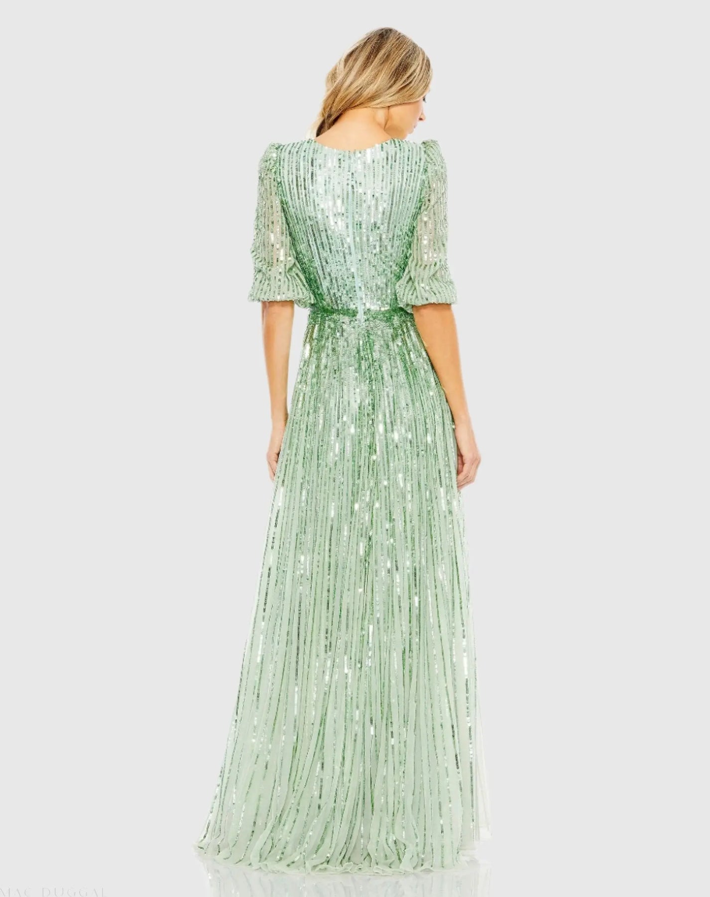 Green Sequined Wrap Over 3/4 Sleeve Gown | Mac Duggal