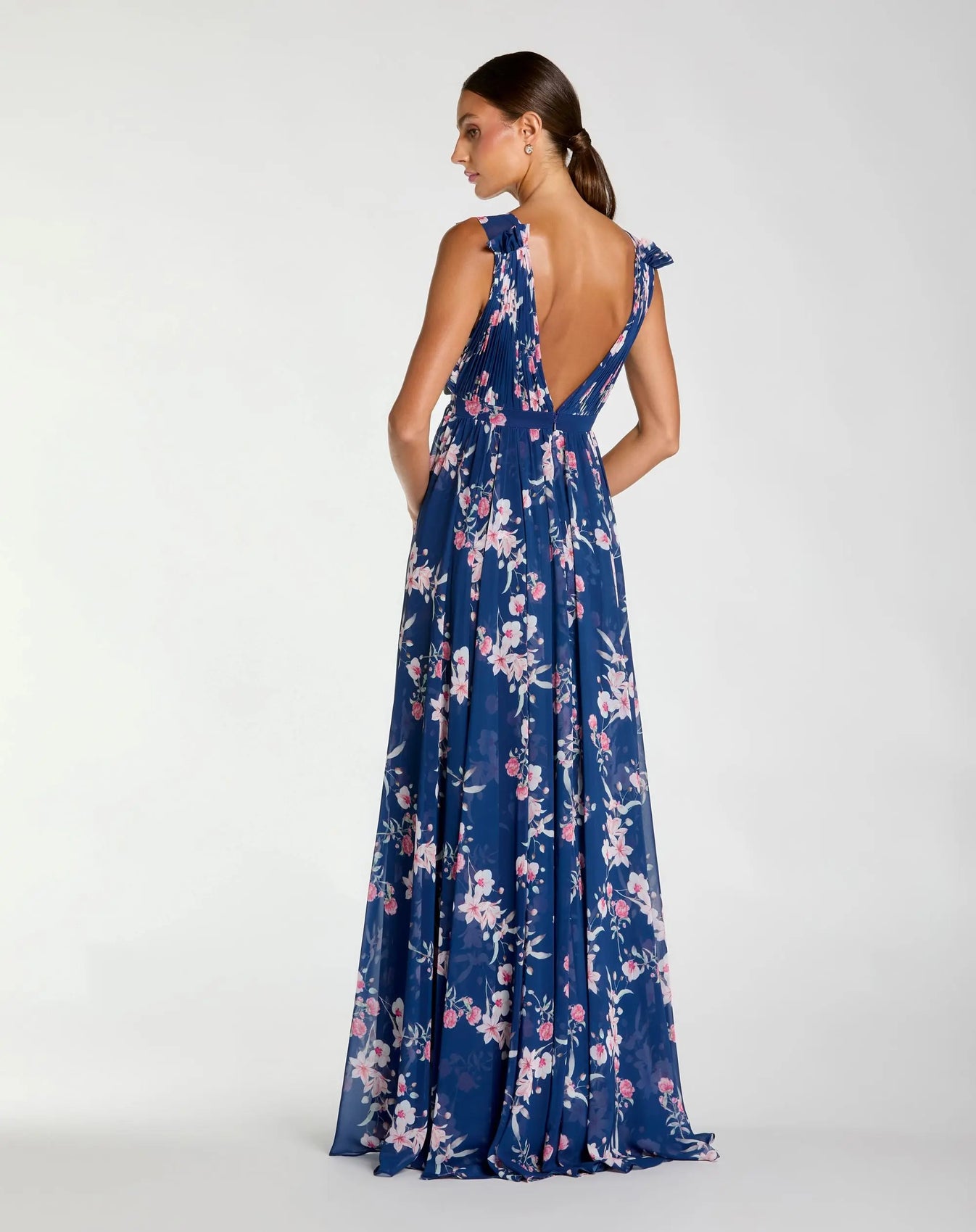 Dark Blue Sleeveless Pleated Floral Print Chiffon V-Neck Gown | Mac Duggal