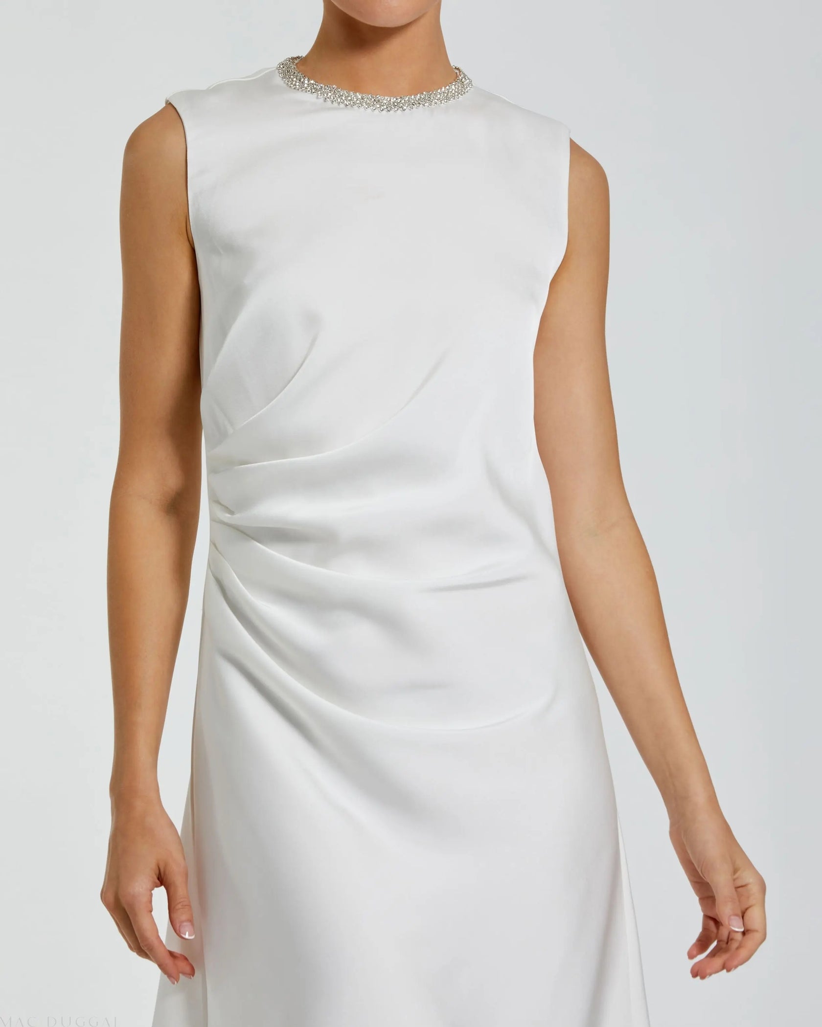 White Rhinestone Neckline Draped Mini Dress | Mac Duggal