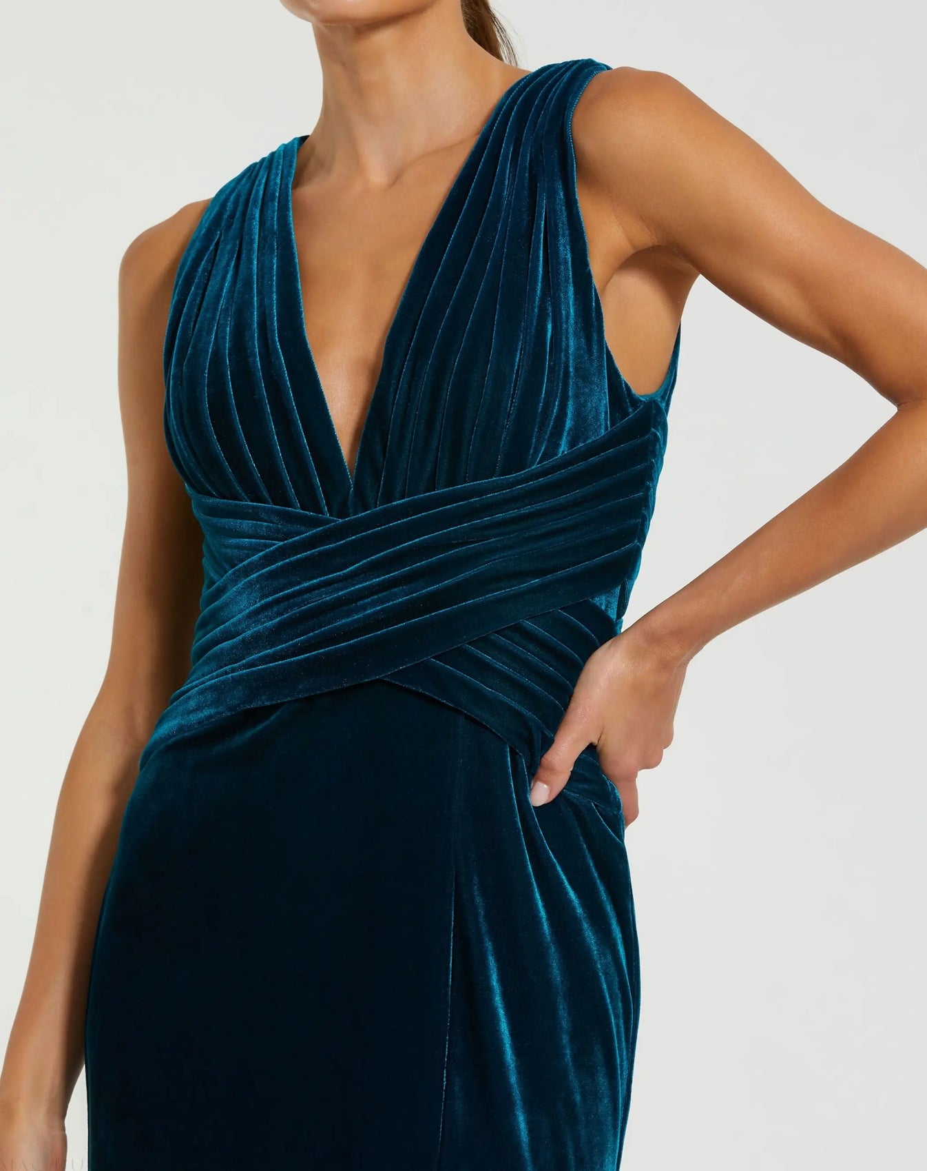 Blue Velvet Pleated Sleeveless Plunge Neckline Gown - Mac Duggal
