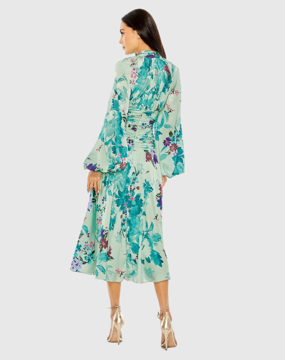 Green Keyhole Satin Long Sleeve Floral Dress - Mac Duggal