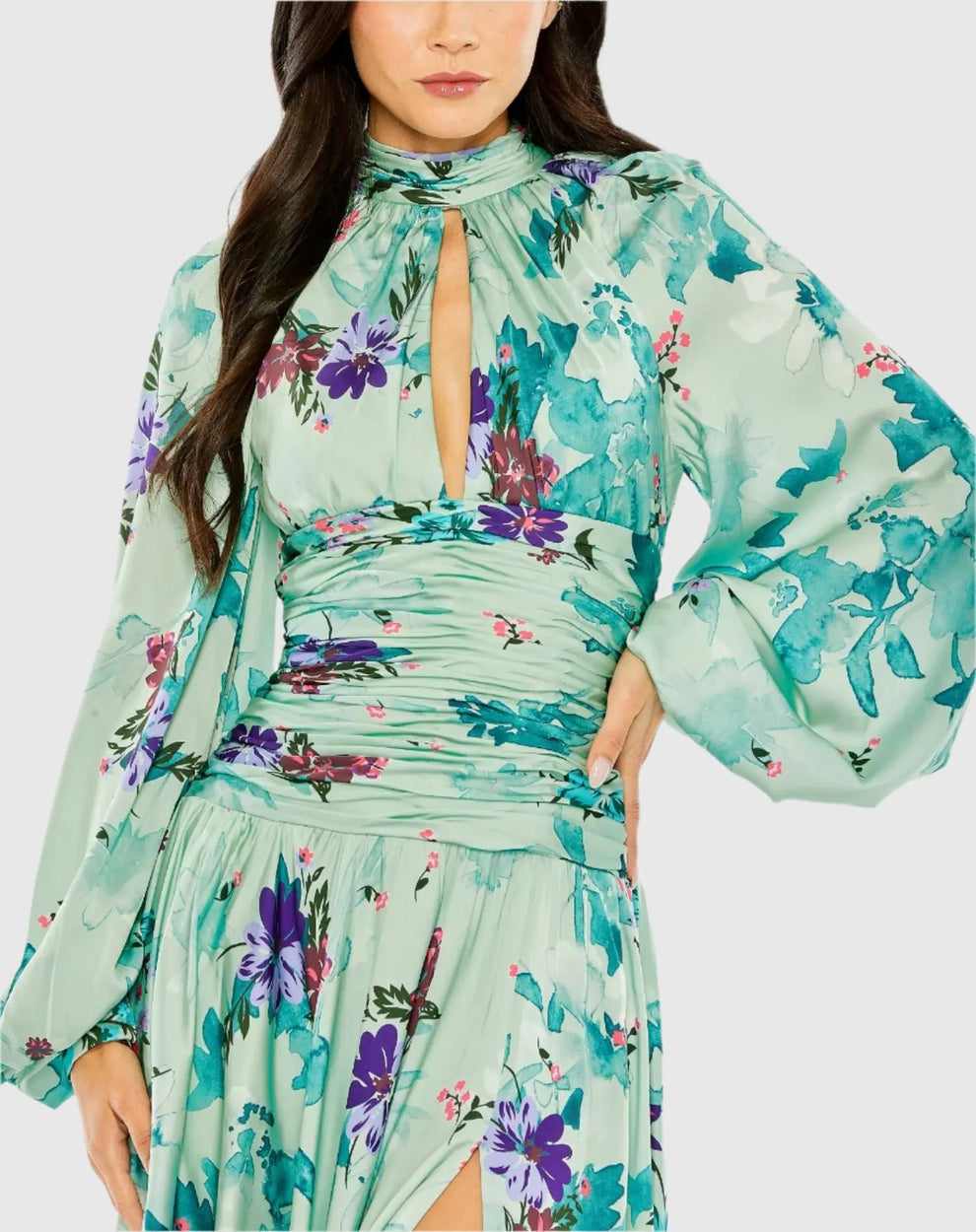 Green Keyhole Satin Long Sleeve Floral Dress - Mac Duggal