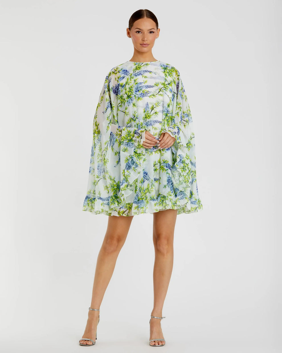 Floral Print High Neck Ruffle Hem Cape Mini Dress - Mac Duggal