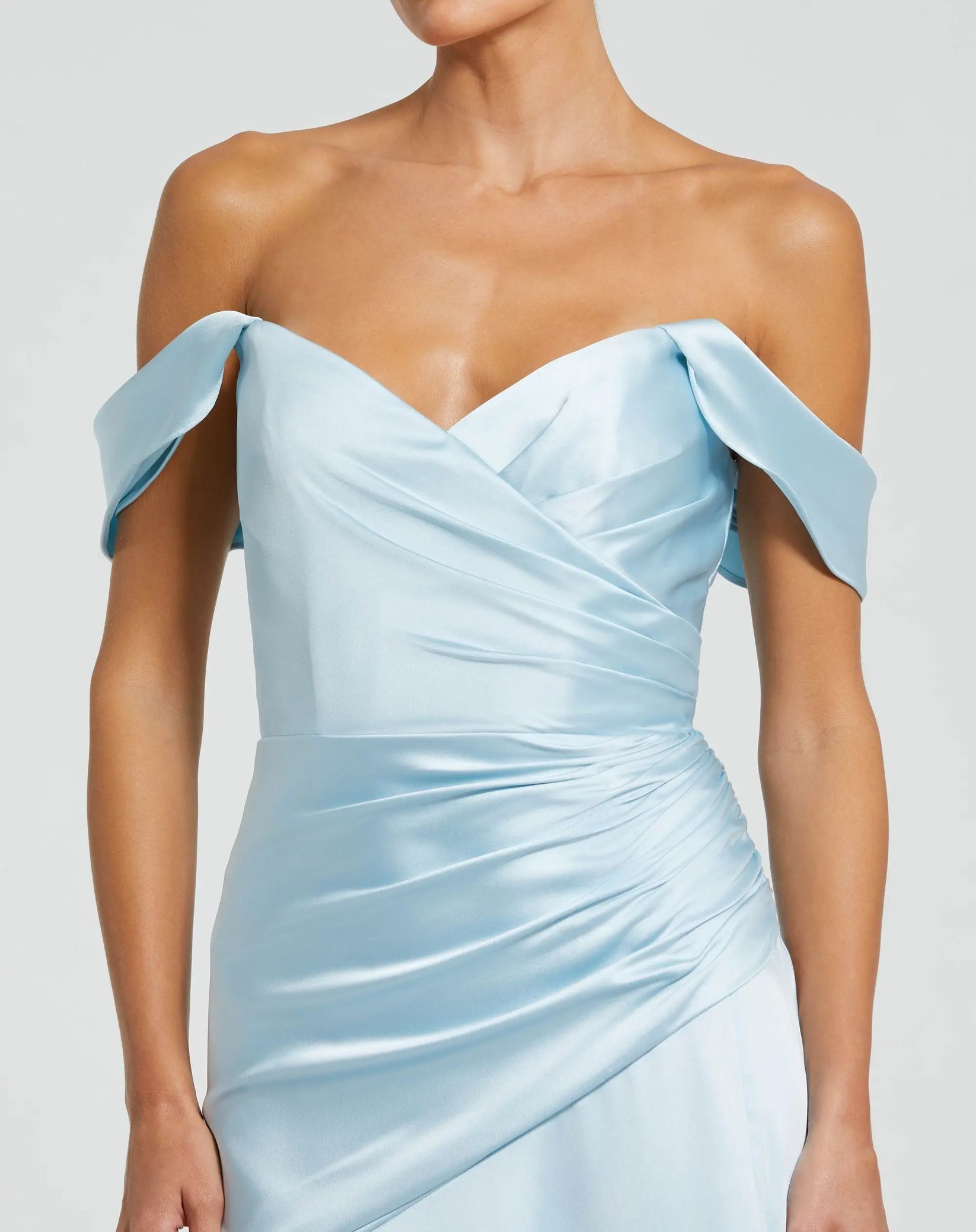 Blue Satin Off The Shoulder Crossover Gown - Mac Duggal