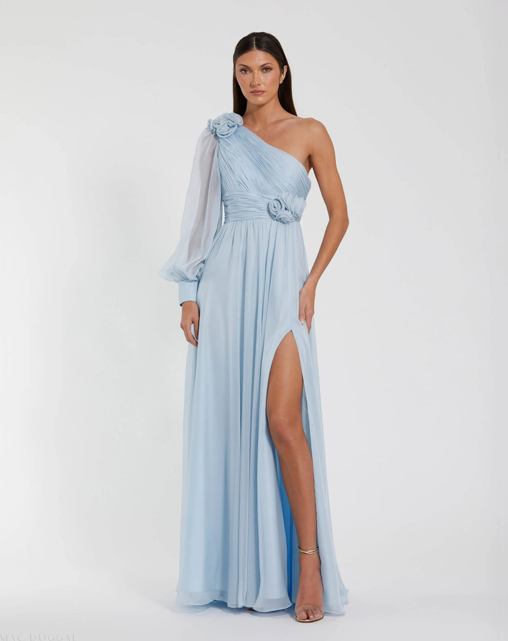 Blue One Sleeve A-Line Chiffon Gown With 3D Flowers - Mac Duggal