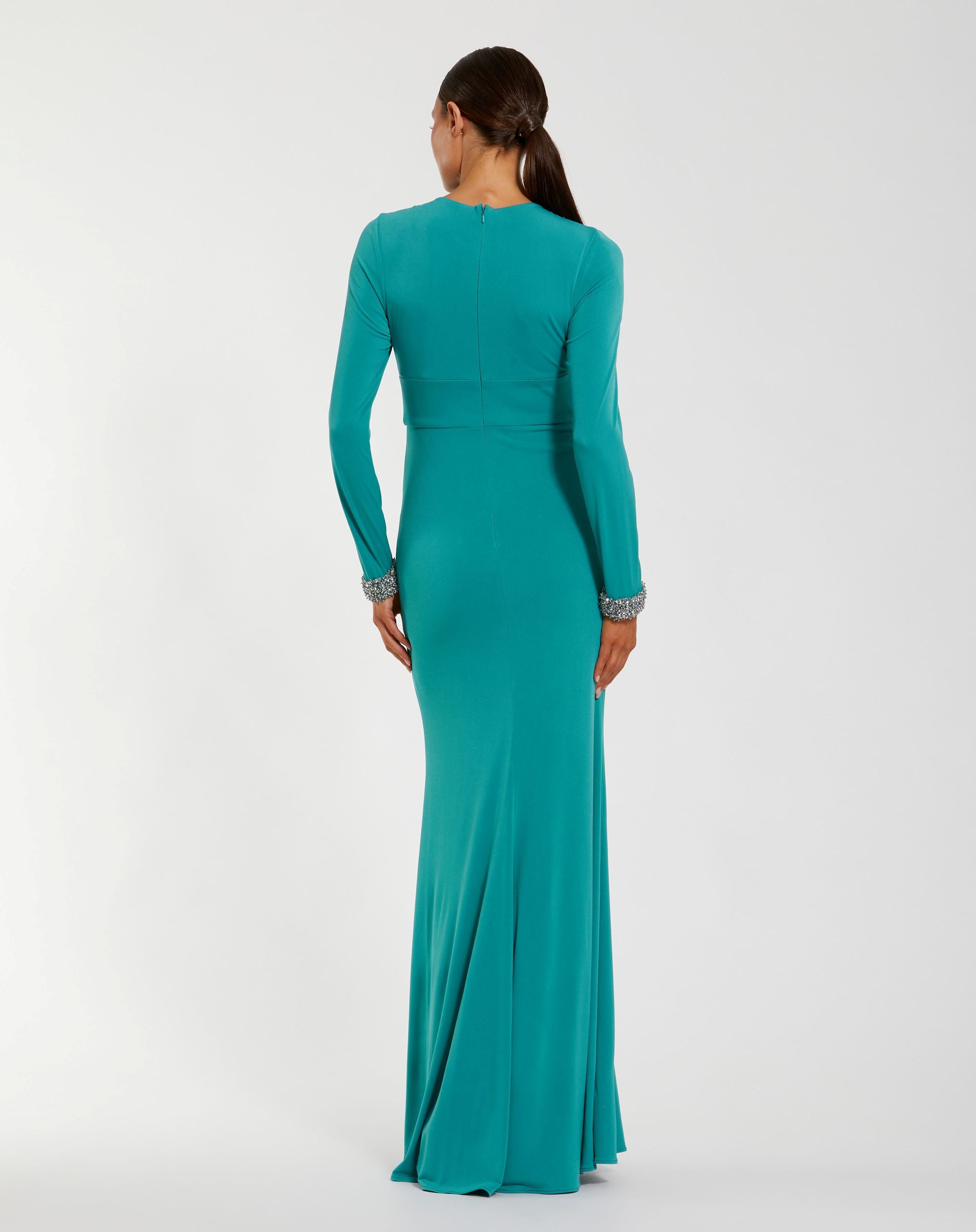 Teal Long Sleeve Twist Neck Jersey Gown With Embellished Cuffs | Mac Duggal