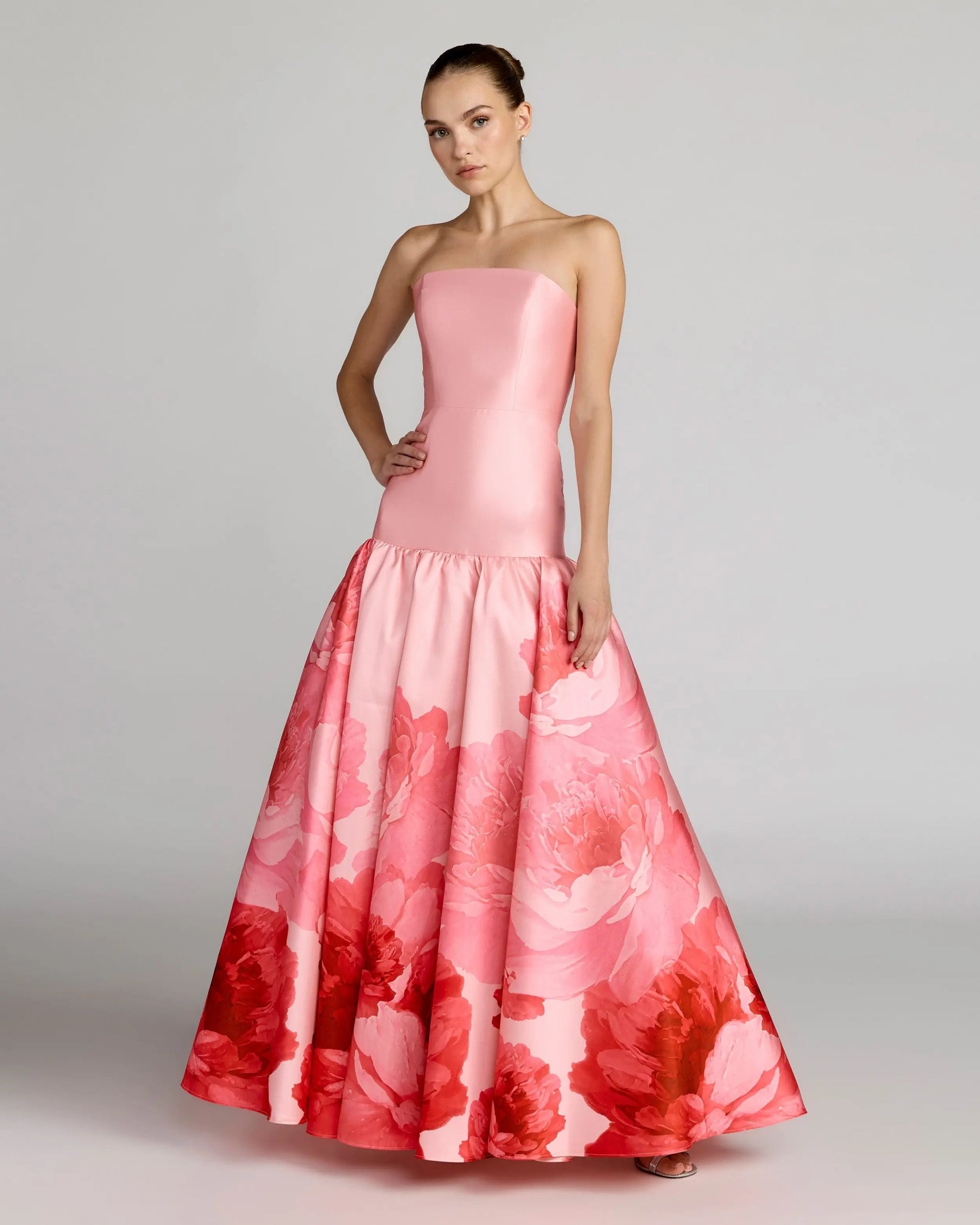 Pink Printed Mikado Strapless Drop Waist Ball Gown | Mac Duggal