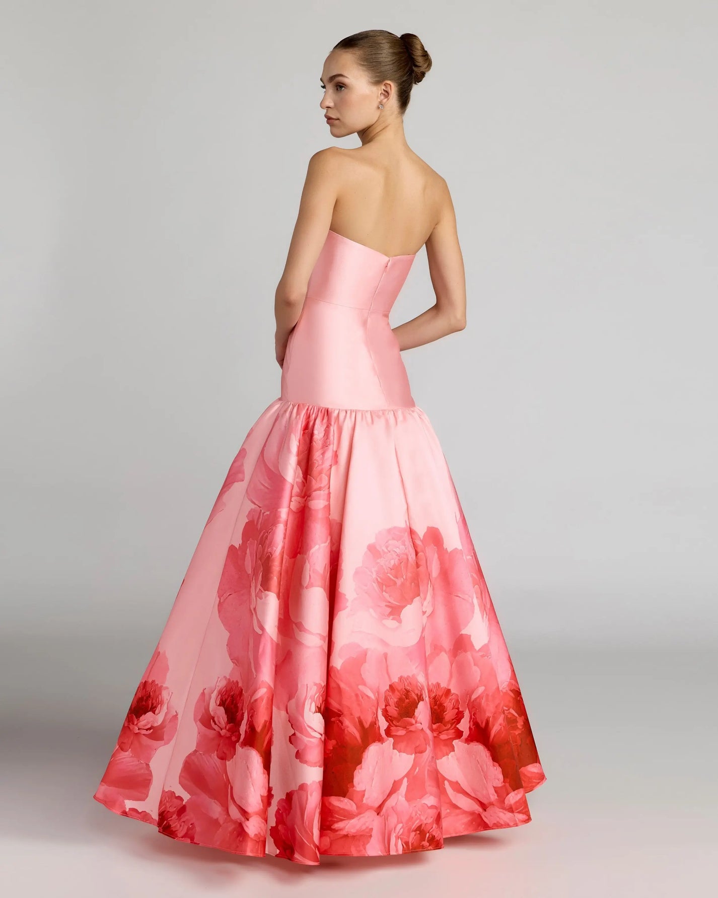 Pink Printed Mikado Strapless Drop Waist Ball Gown | Mac Duggal