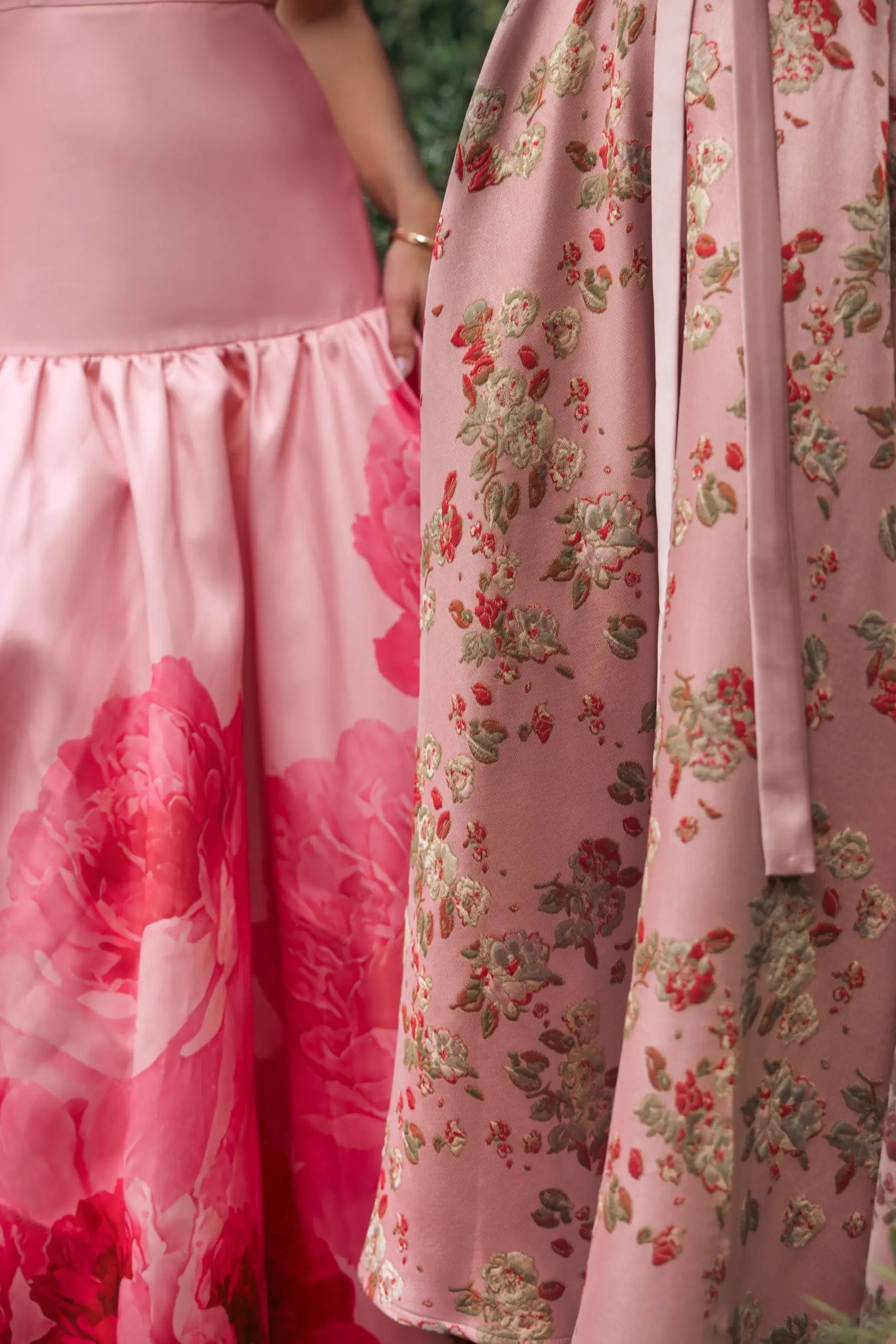 Pink Printed Mikado Strapless Drop Waist Ball Gown | Mac Duggal