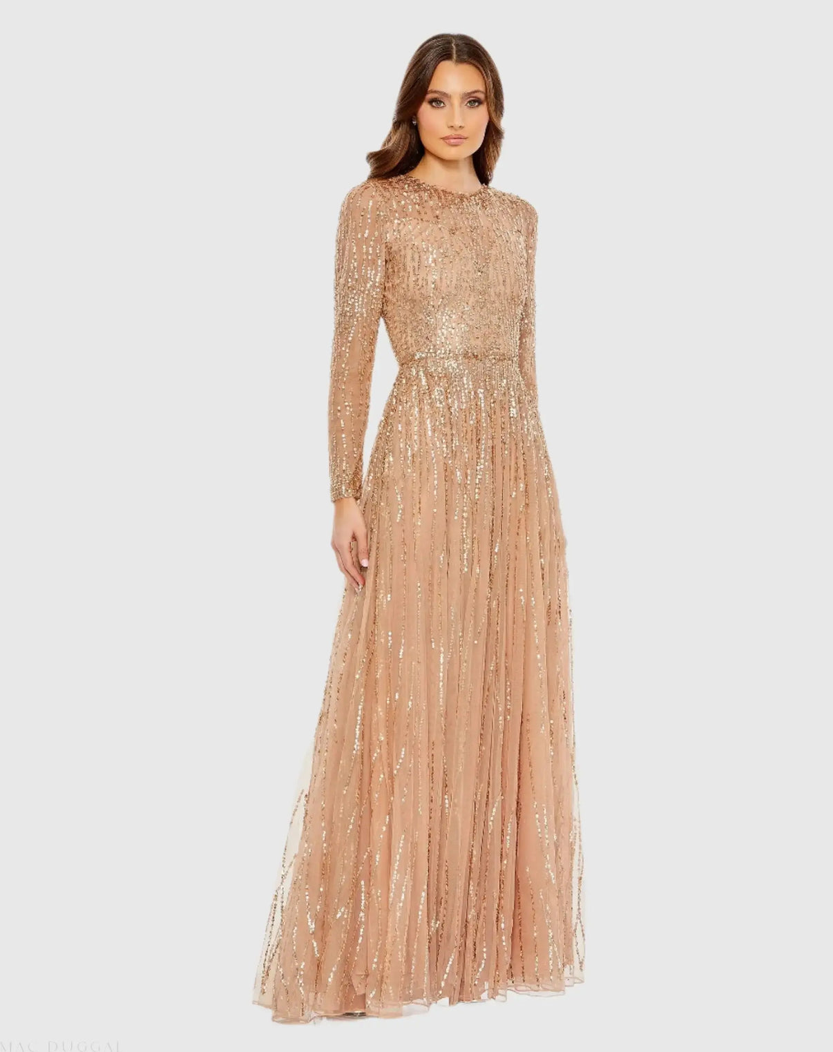 Beige Illusion High Neck Long Sleeve Embellished Gown | Mac Duggal