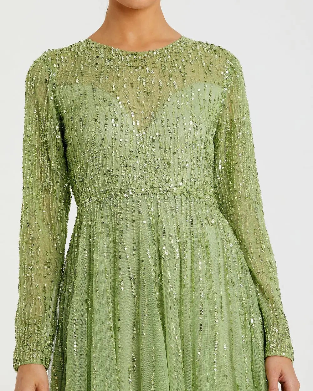 Green Illusion High Neck Long Sleeve Embellished Gown | Mac Duggal