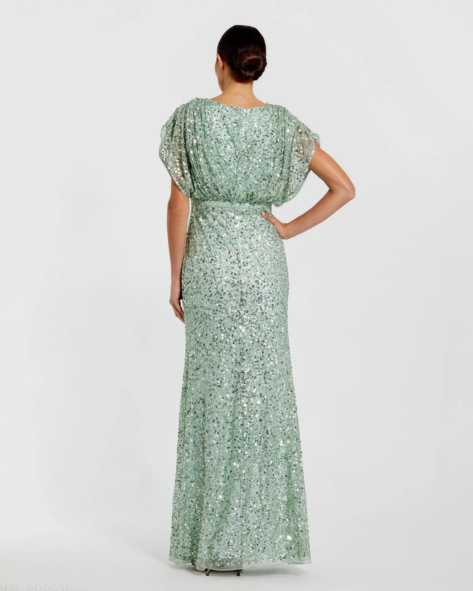 Green Sequin Draped Sleeve V-Neck Gown | Mac Duggal