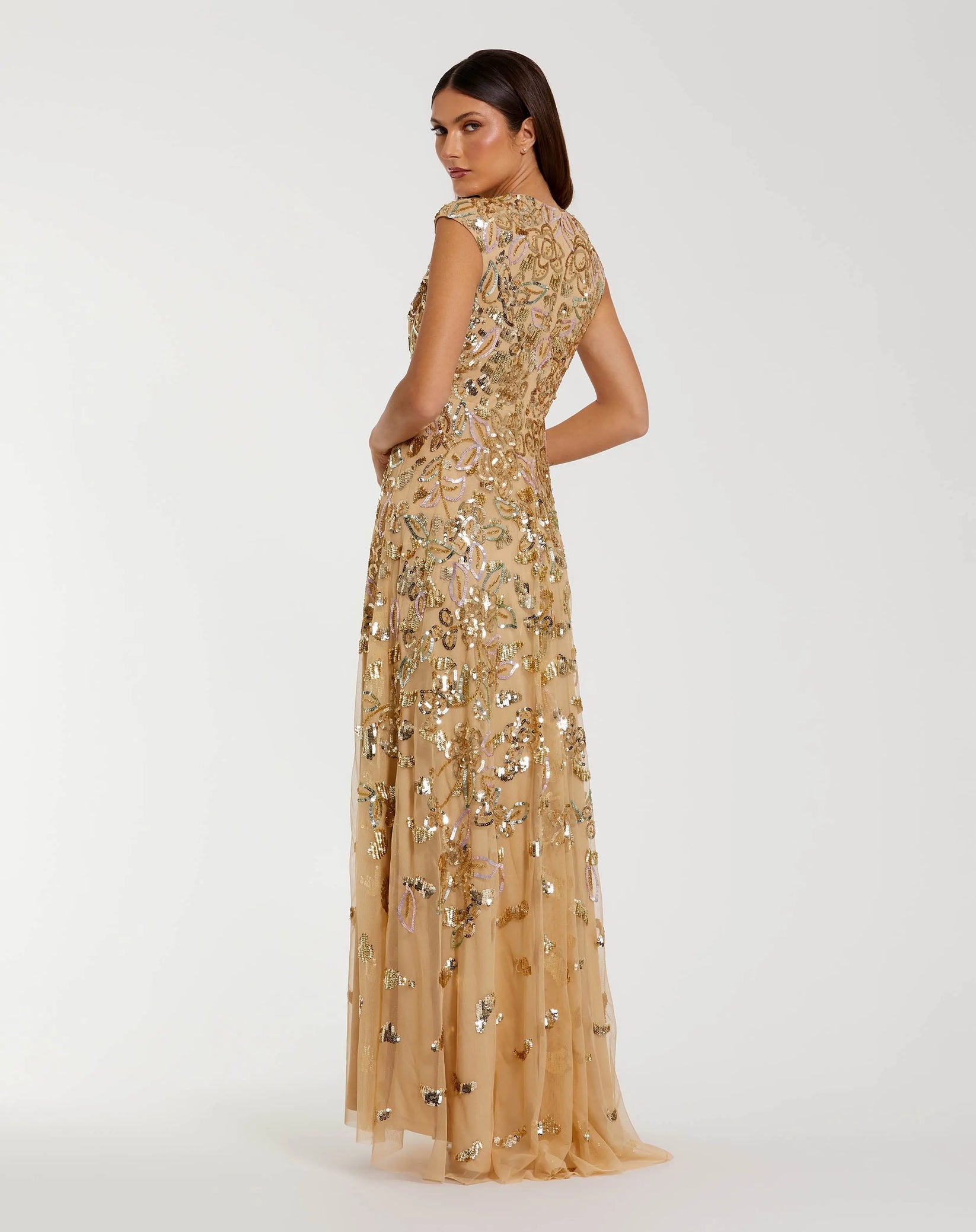 Gold Sequin High Neck Cap Sleeve A Line Gown | Mac Duggal