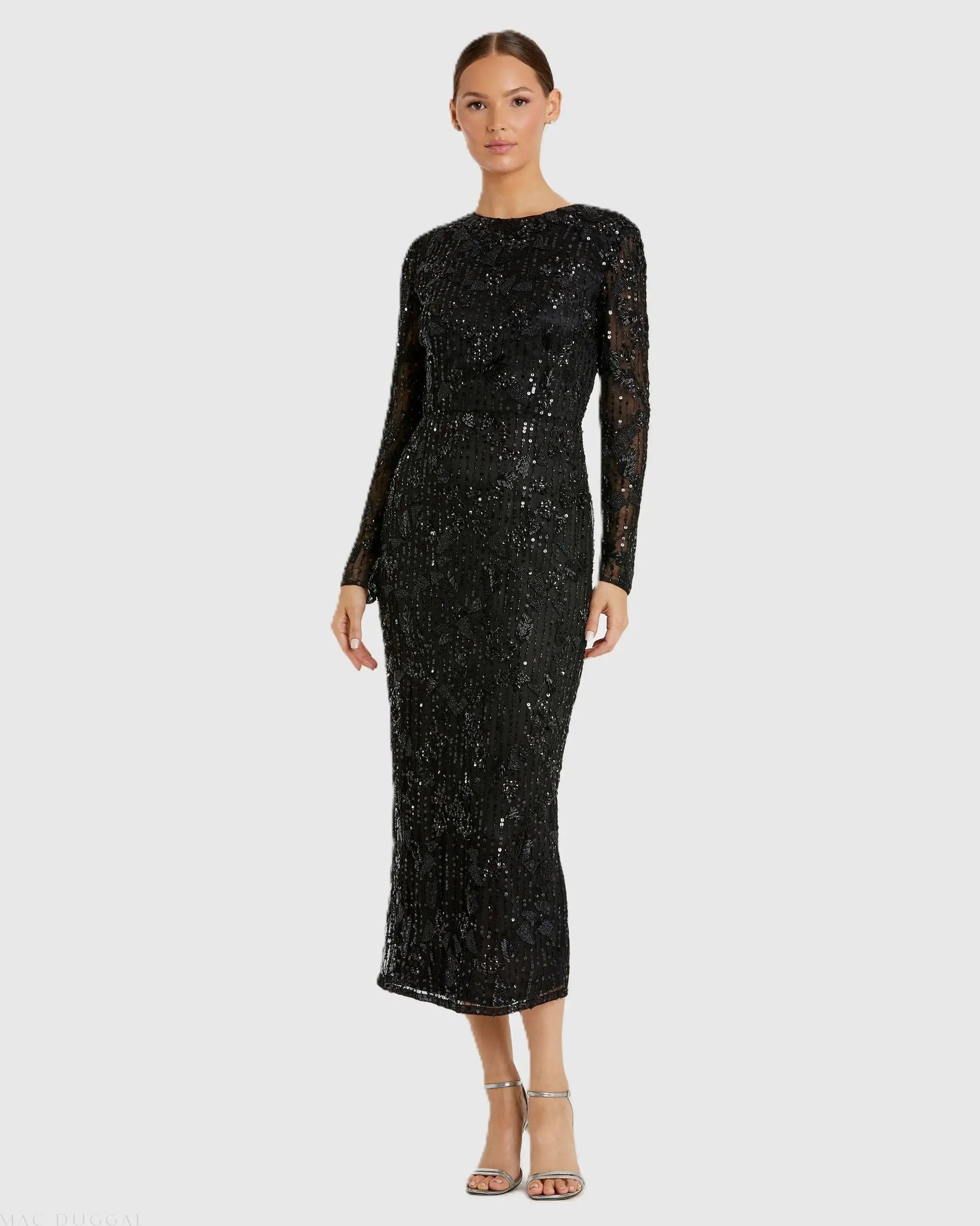 Black High Neck Long Sleeve Embellished Dress | Mac Duggal
