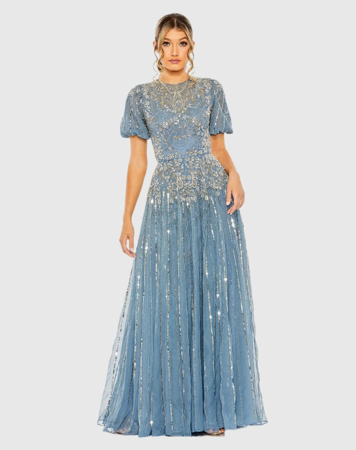 High Neck Puff Sleeve Embellished A Line Dress – Mac Duggal