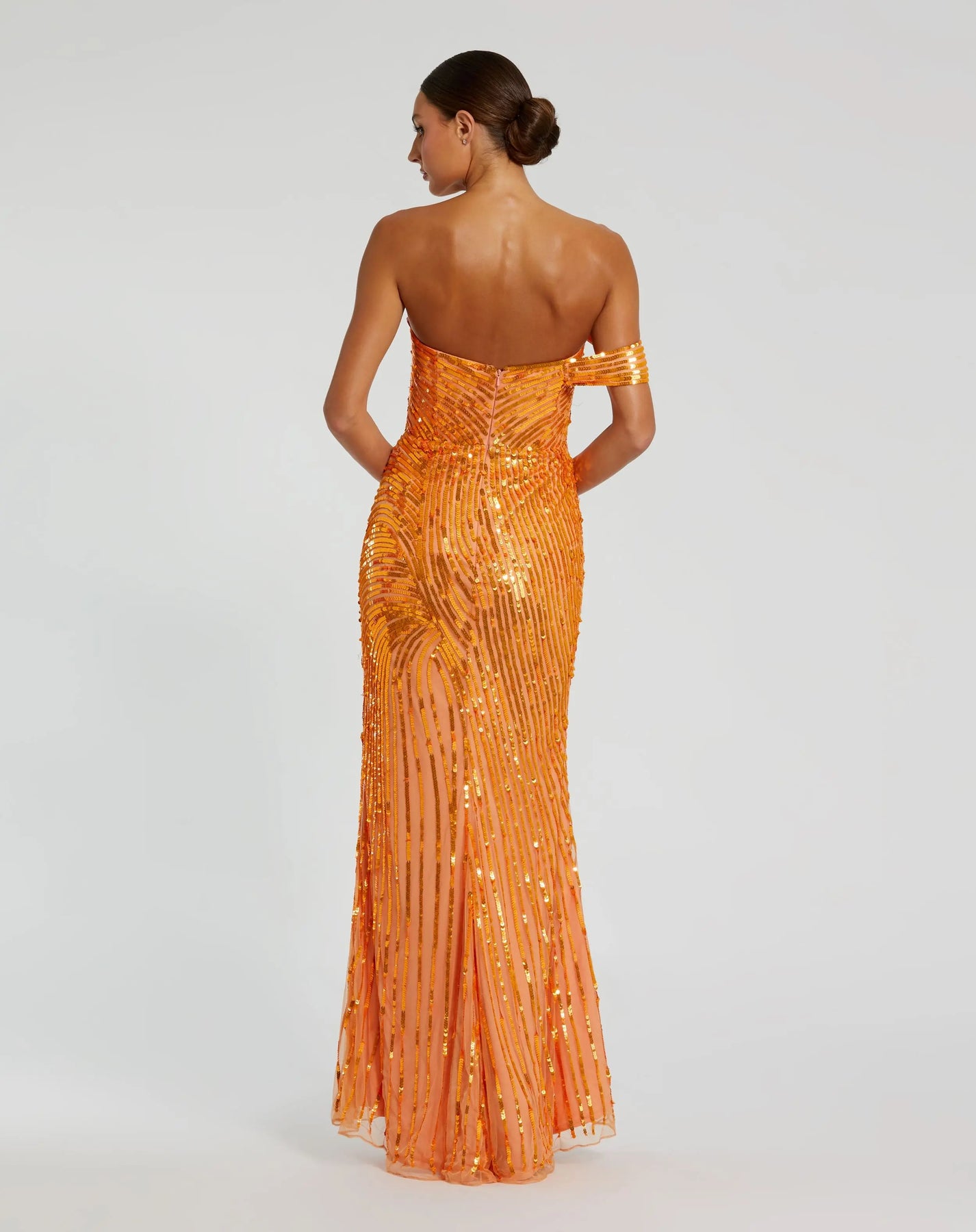Orange One Shoulder Mesh Sequin Gown With Slit - Mac Duggal