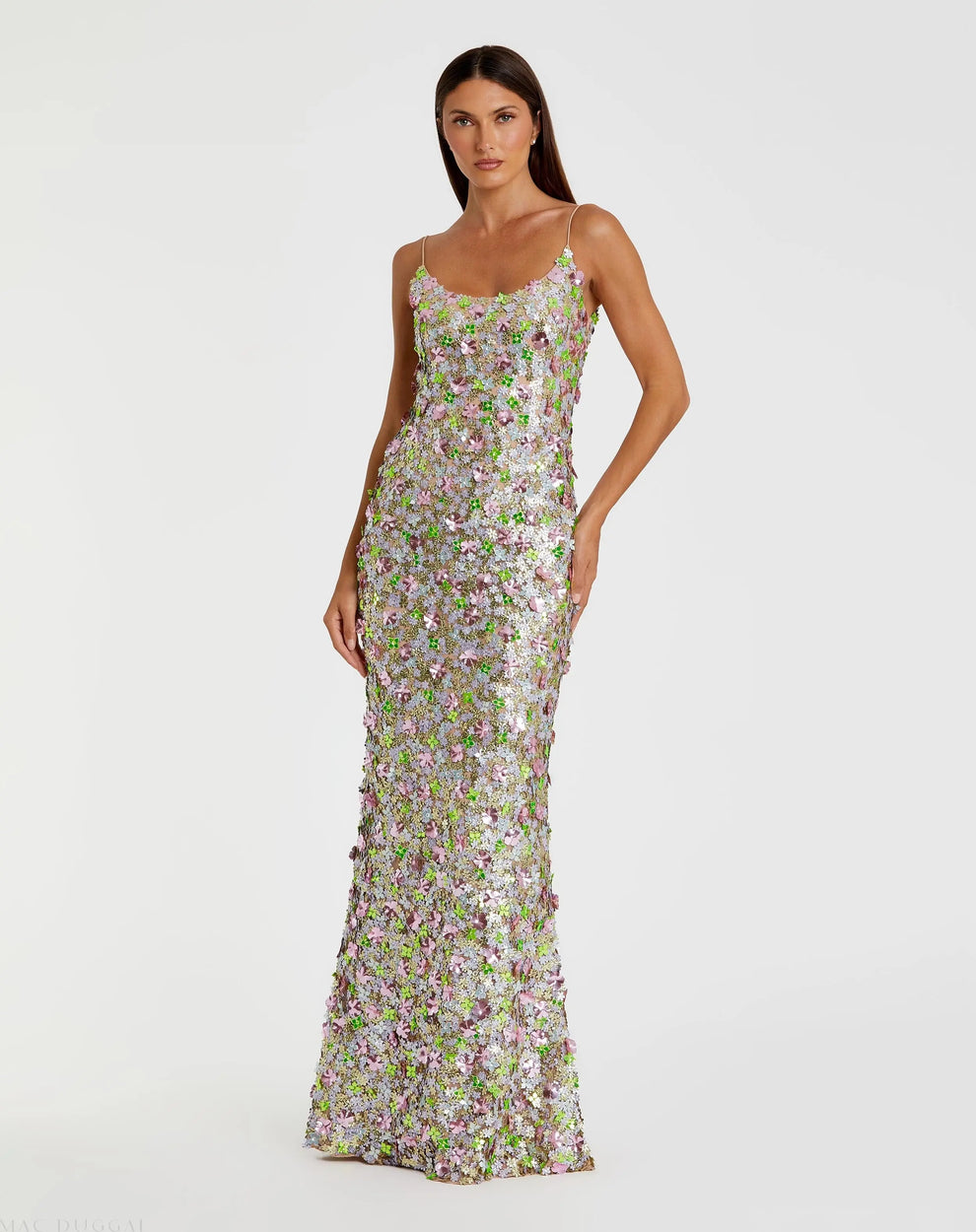 Multicolor Sleeveless Floral Paillette Embellished Mesh Gown | Mac Duggal
