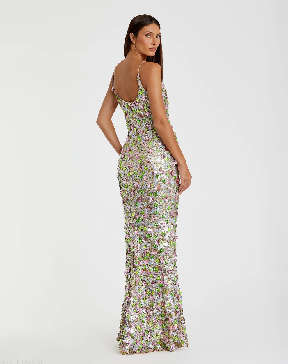 Multicolor Sleeveless Floral Paillette Embellished Mesh Gown | Mac Duggal