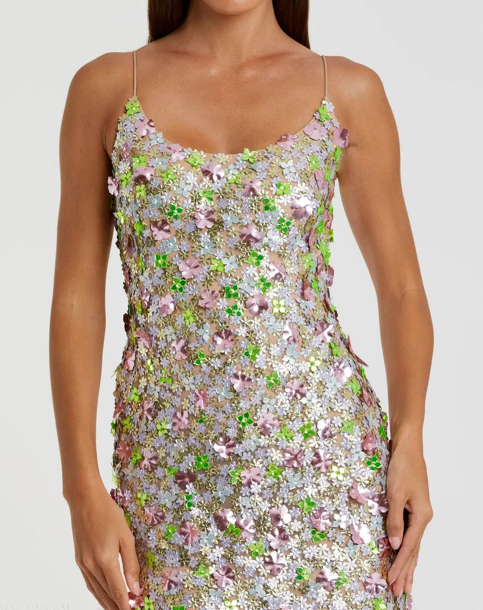 Multicolor Sleeveless Floral Paillette Embellished Mesh Gown | Mac Duggal