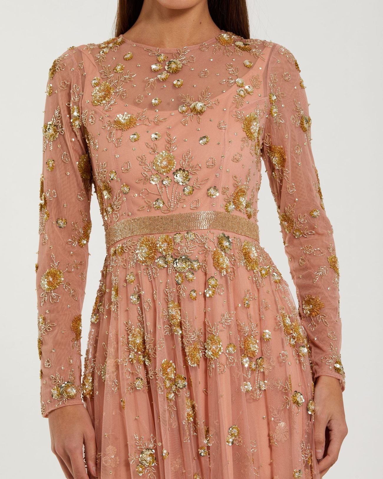 Beige Beaded Long Sleeve A Line Midi Dress | Mac Duggal