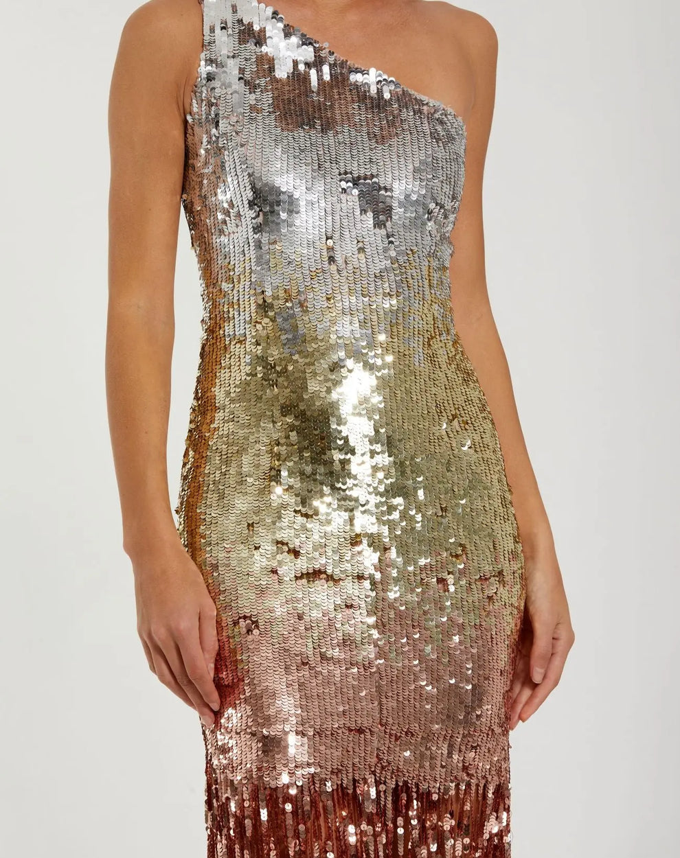 Multicolor Ombre Sequin One Shoulder Fringe Dress | Mac Duggal