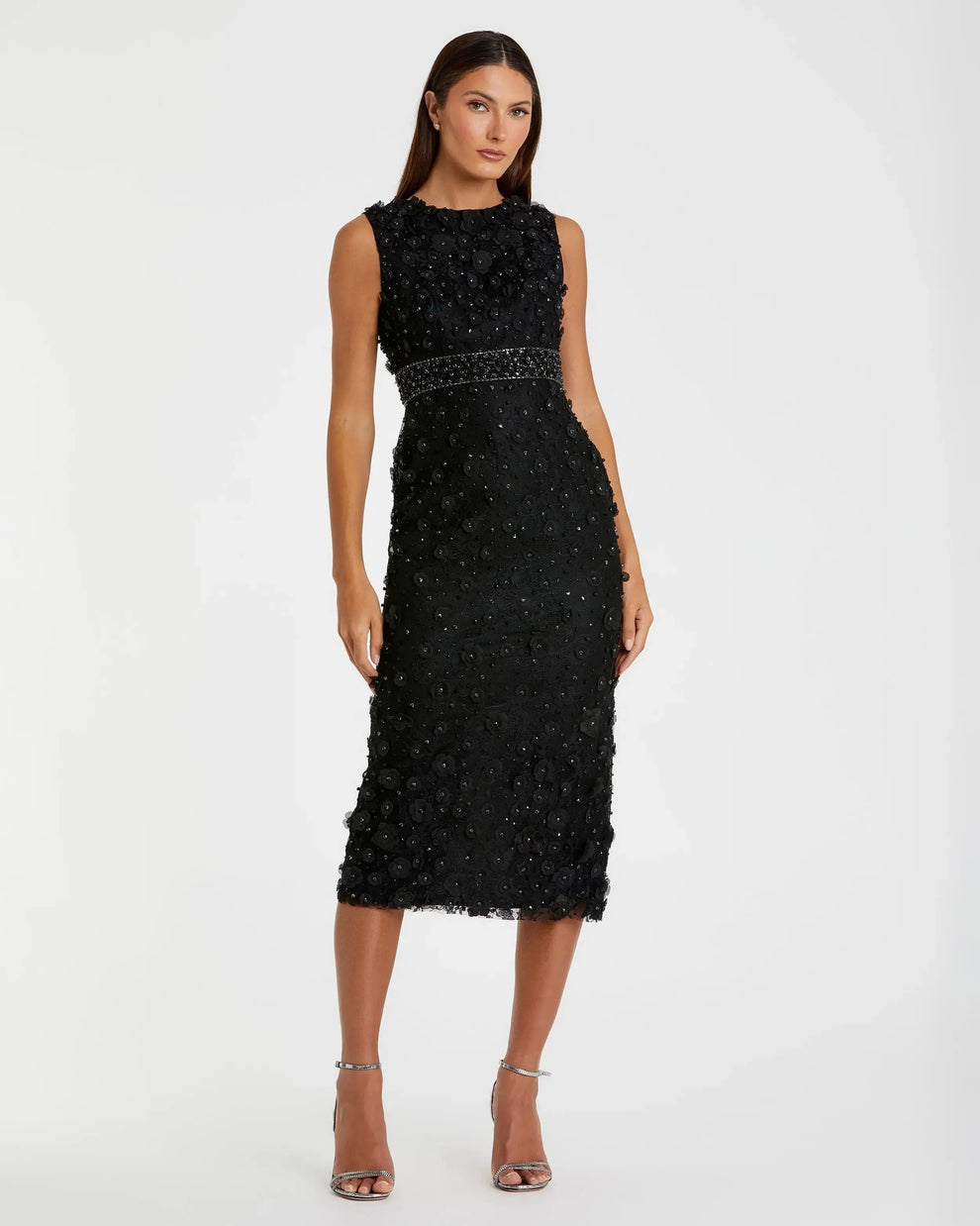 Black Floral Applique Sleeveless Midi Dress | Mac Duggal