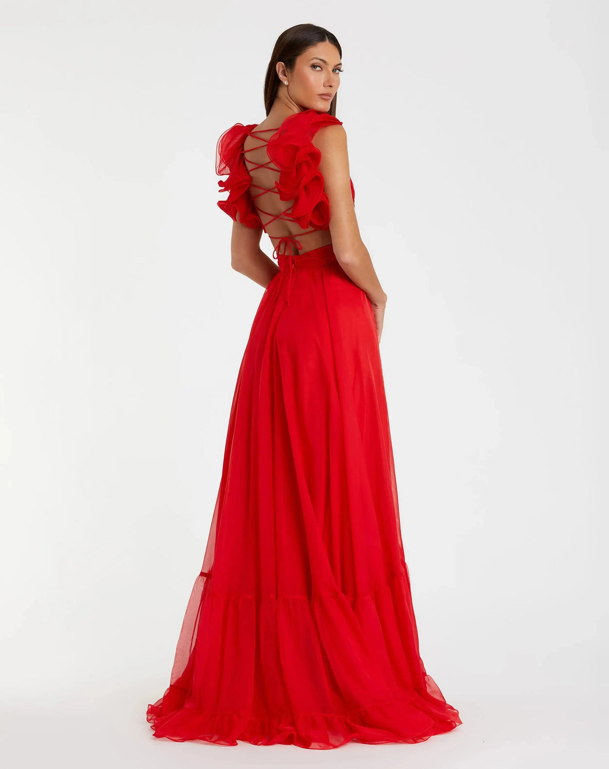 Red Ruffle Tiered Cut-Out Chiffon Gown | Mac Duggal