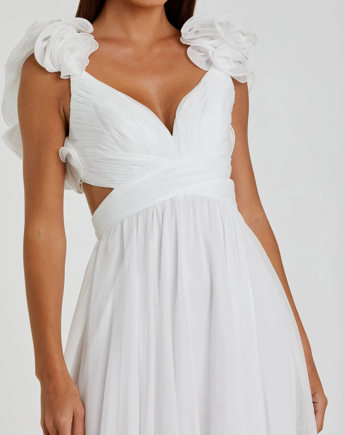 White Ruffle Tiered Cut-Out Chiffon Gown | Mac Duggal