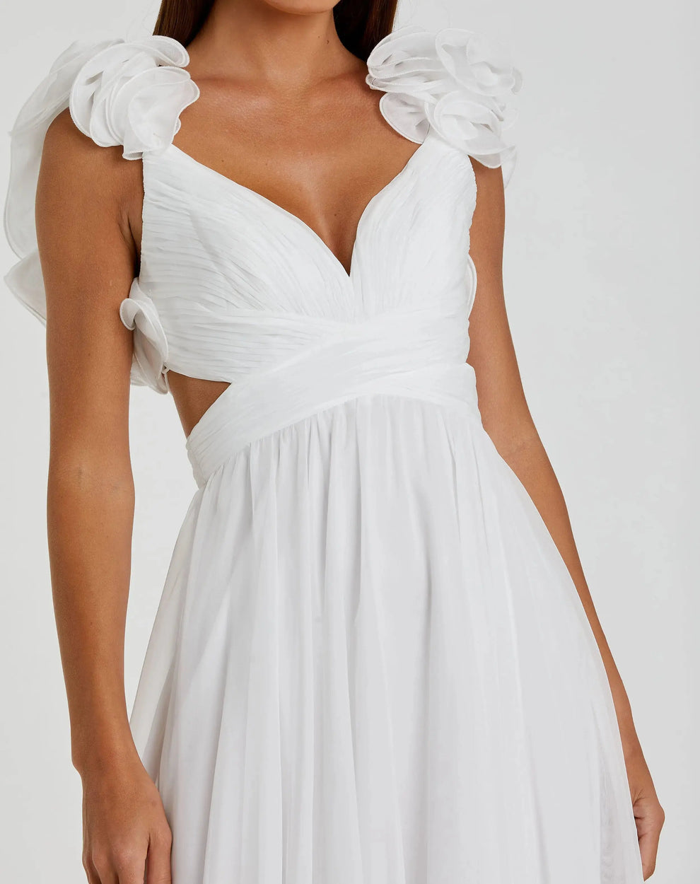 White Ruffle Tiered Cut-Out Chiffon Gown | Mac Duggal