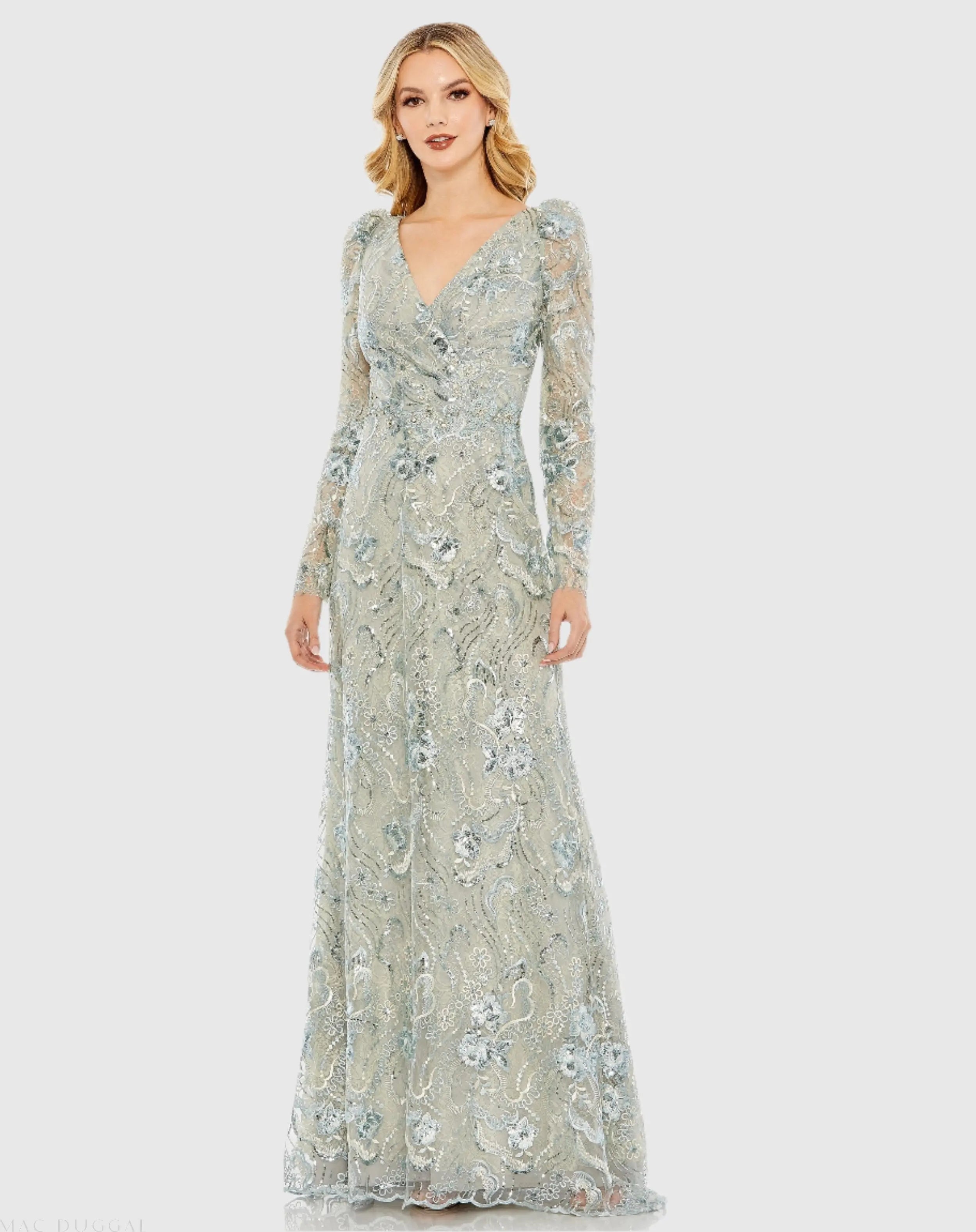 Green Embroidered Wrap Over Puff Sleeve Trumpet Gown - Mac Duggal