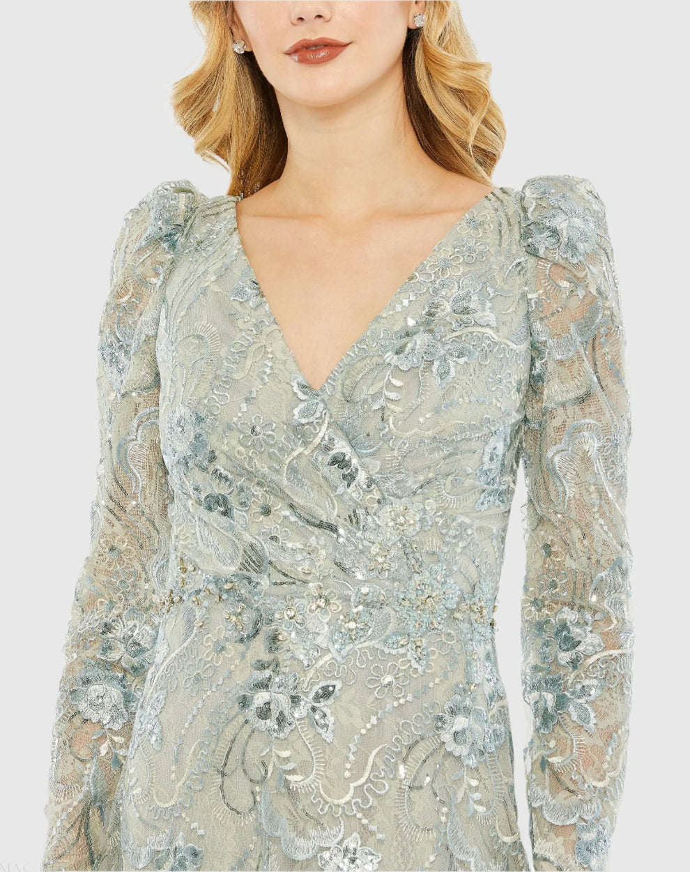 Green Embroidered Wrap Over Puff Sleeve Trumpet Gown - Mac Duggal