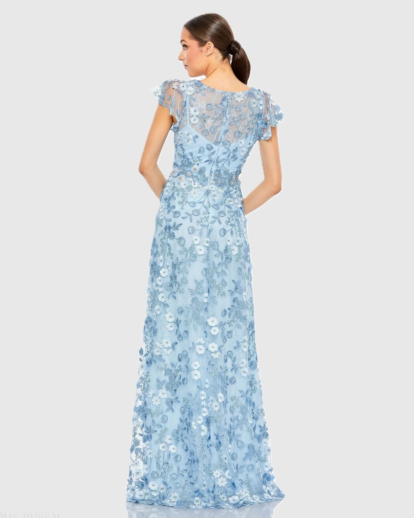 Blue Embroidered Applique Wrap Over Flutter Sleeve Gown - Mac Duggal