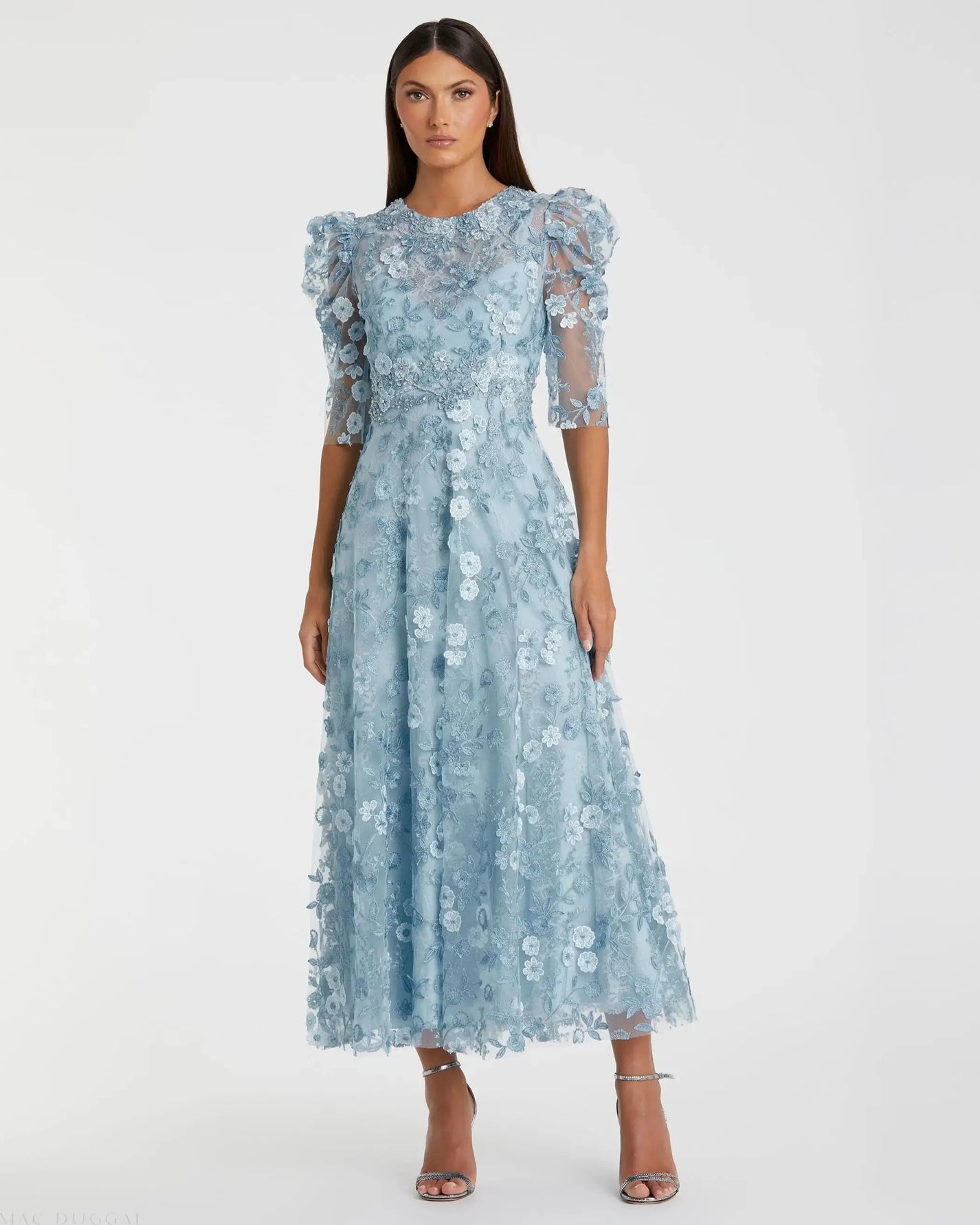 Blue Applique High Neck Puff Sleeve A Line Dress | Mac Duggal