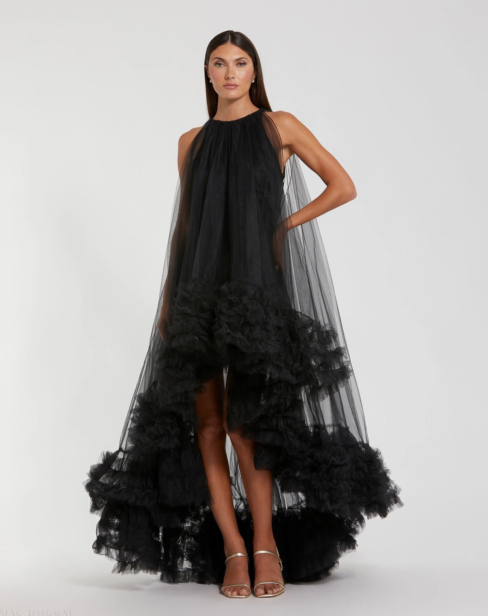 Black Tulle High Neck Sleeveless Ruffled Hem Hi-Low Gown - Mac Duggal