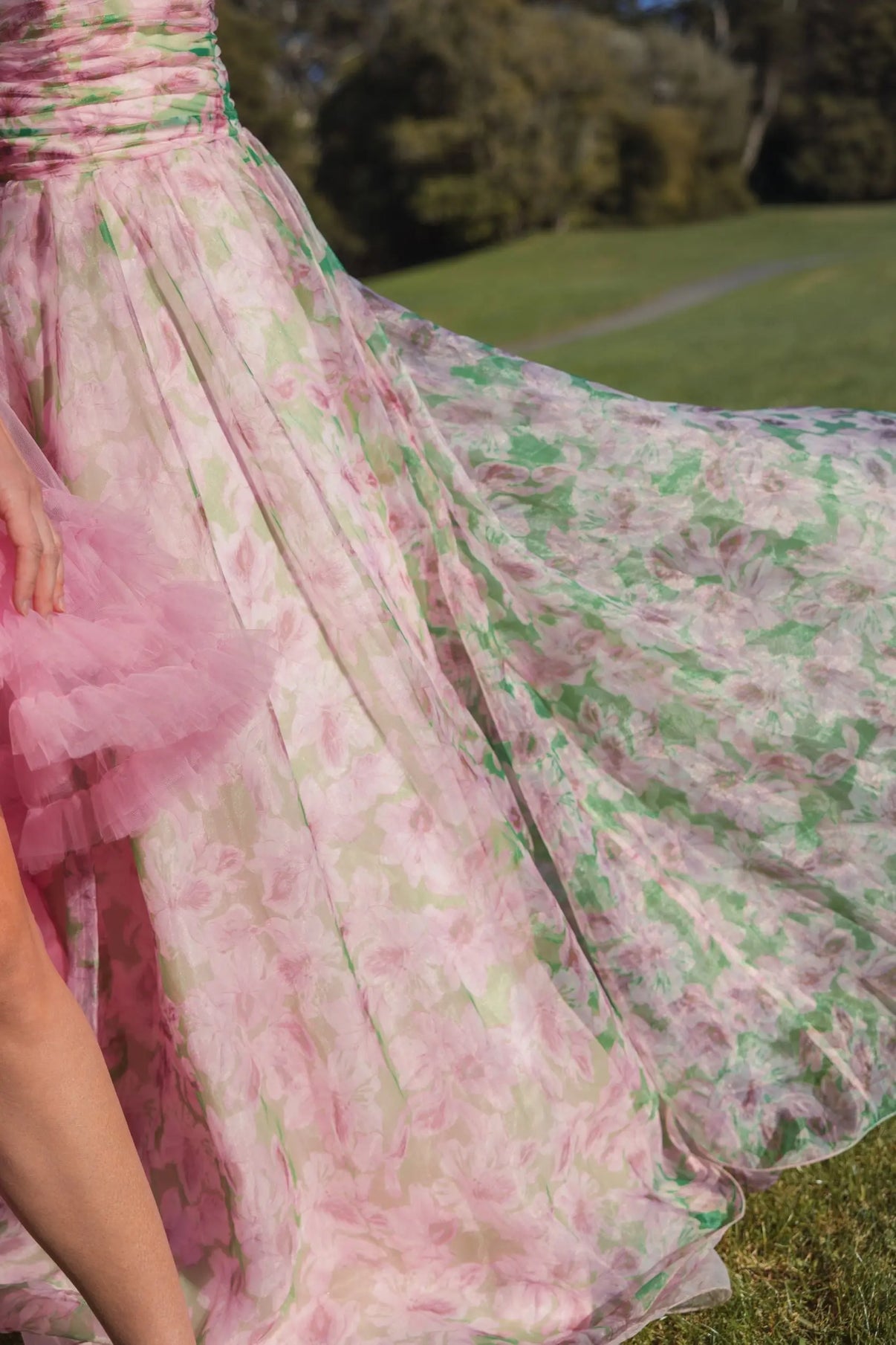 Pink Strapless Floral Chiffon Gown with Ruched Detail | Mac Duggal