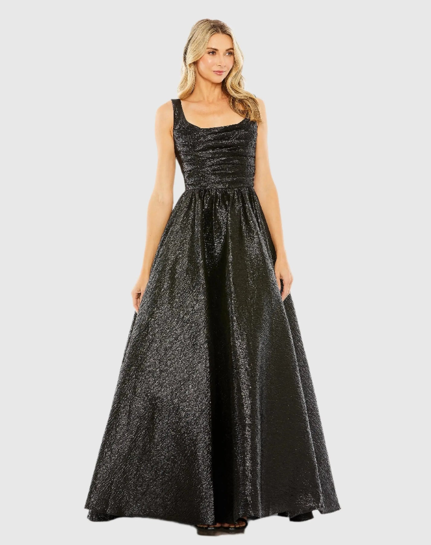 Black Metallic Pleated Bodice Ball Gown | Mac Duggal