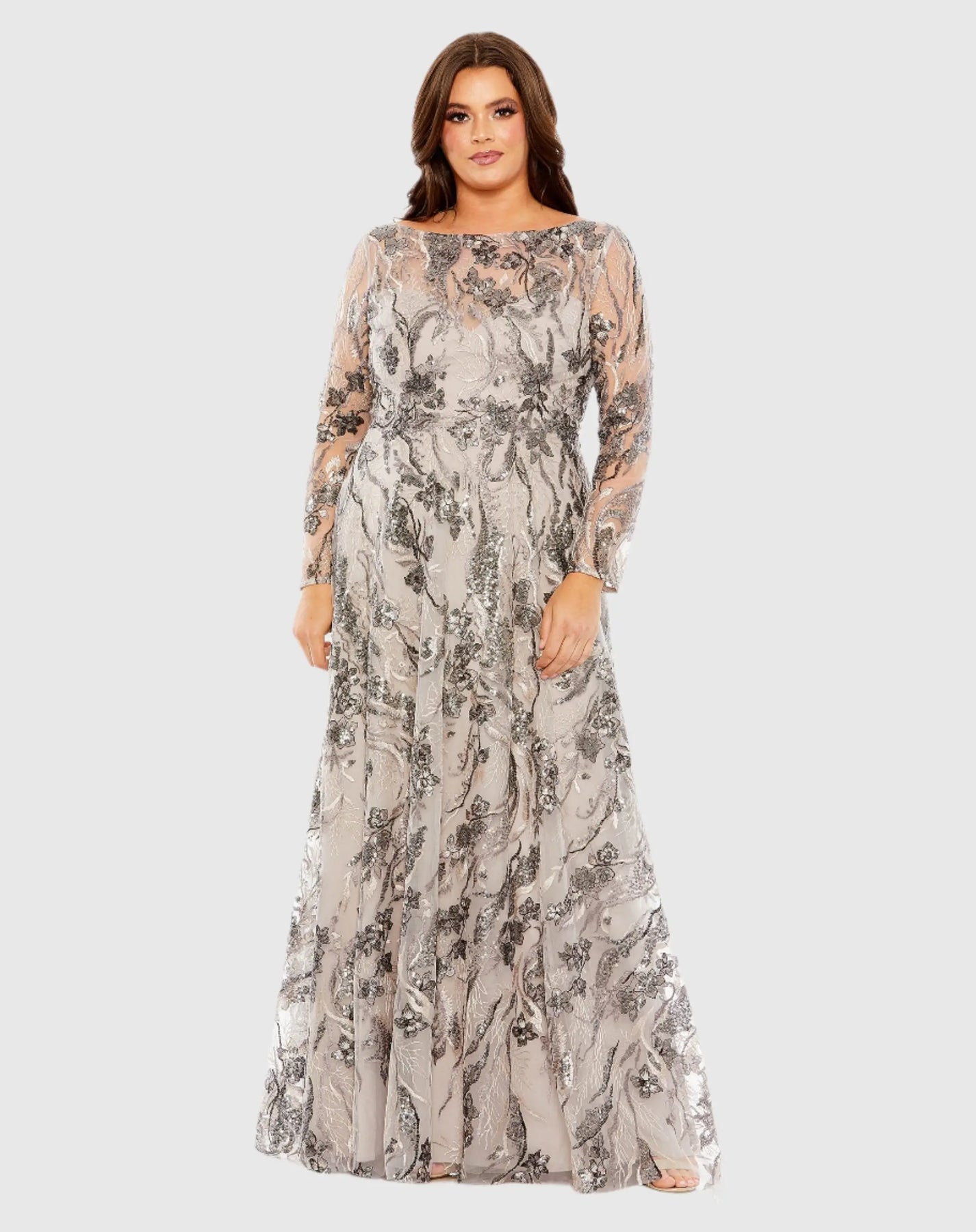 Beige Embroidered Long Sleeve A Line Gown (Plus) | Mac Duggal