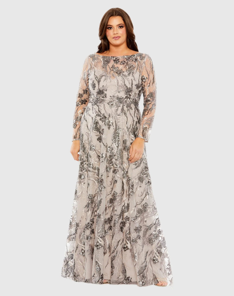 Beige Embroidered Long Sleeve A Line Gown (Plus) | Mac Duggal