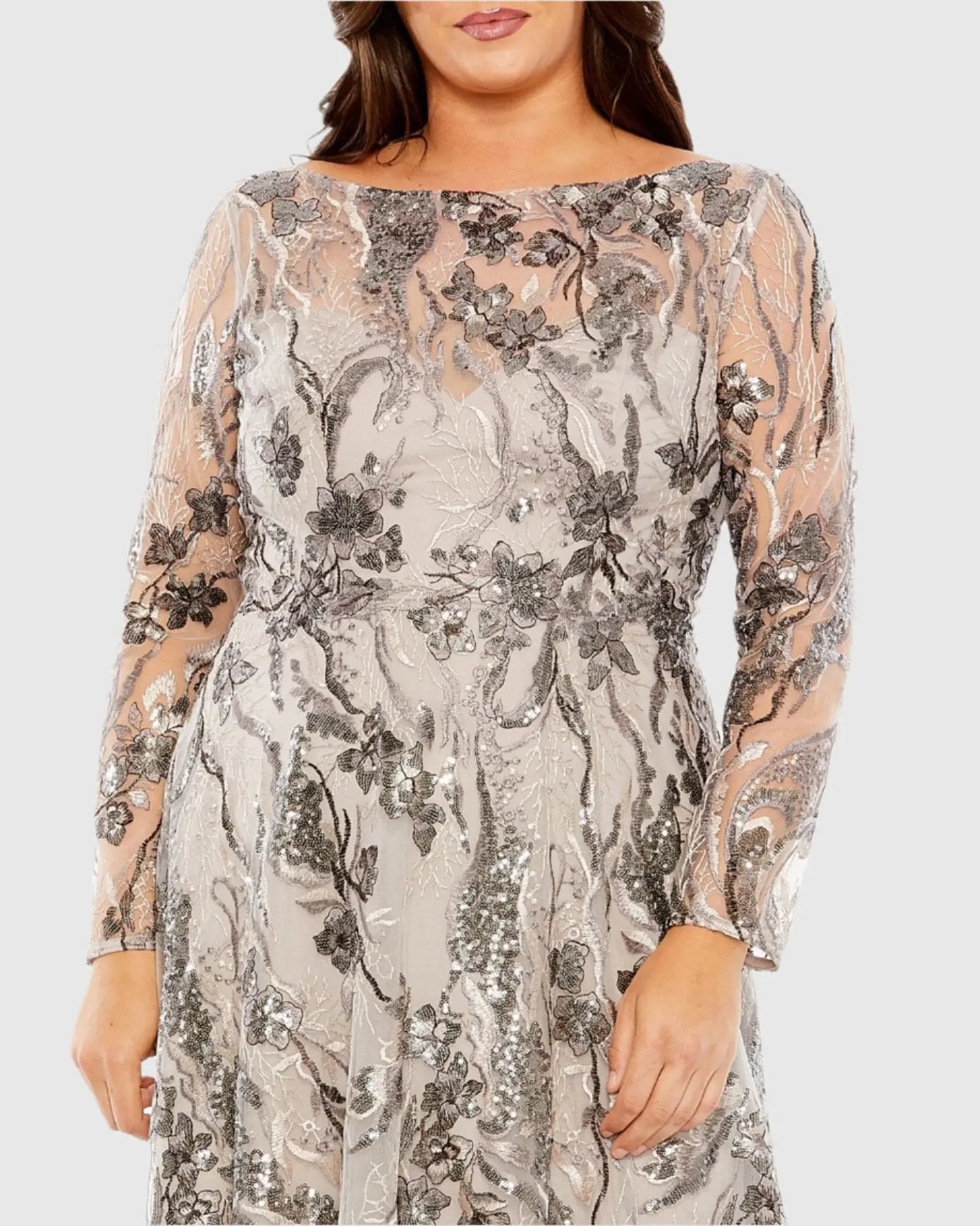 Beige Embroidered Long Sleeve A Line Gown (Plus) | Mac Duggal