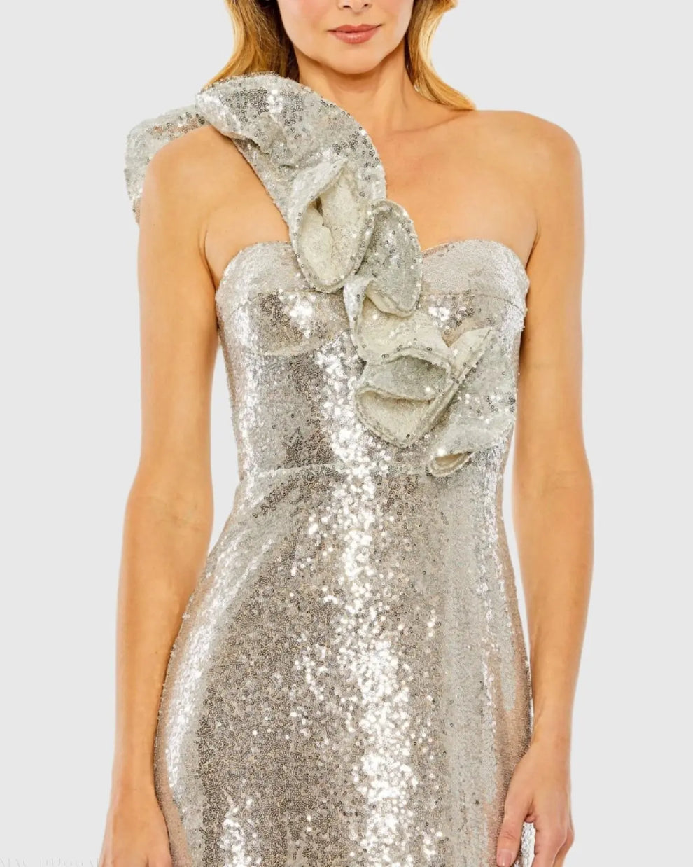 Silver Sequin Ruffled One Shoulder Gown - Mac Duggal