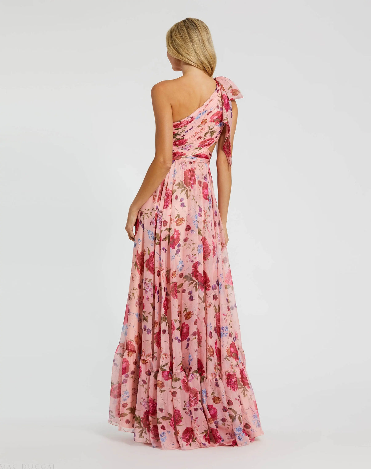 Pink One Shoulder Floral Printed Chiffon Side Cut Out Gown | Mac Duggal