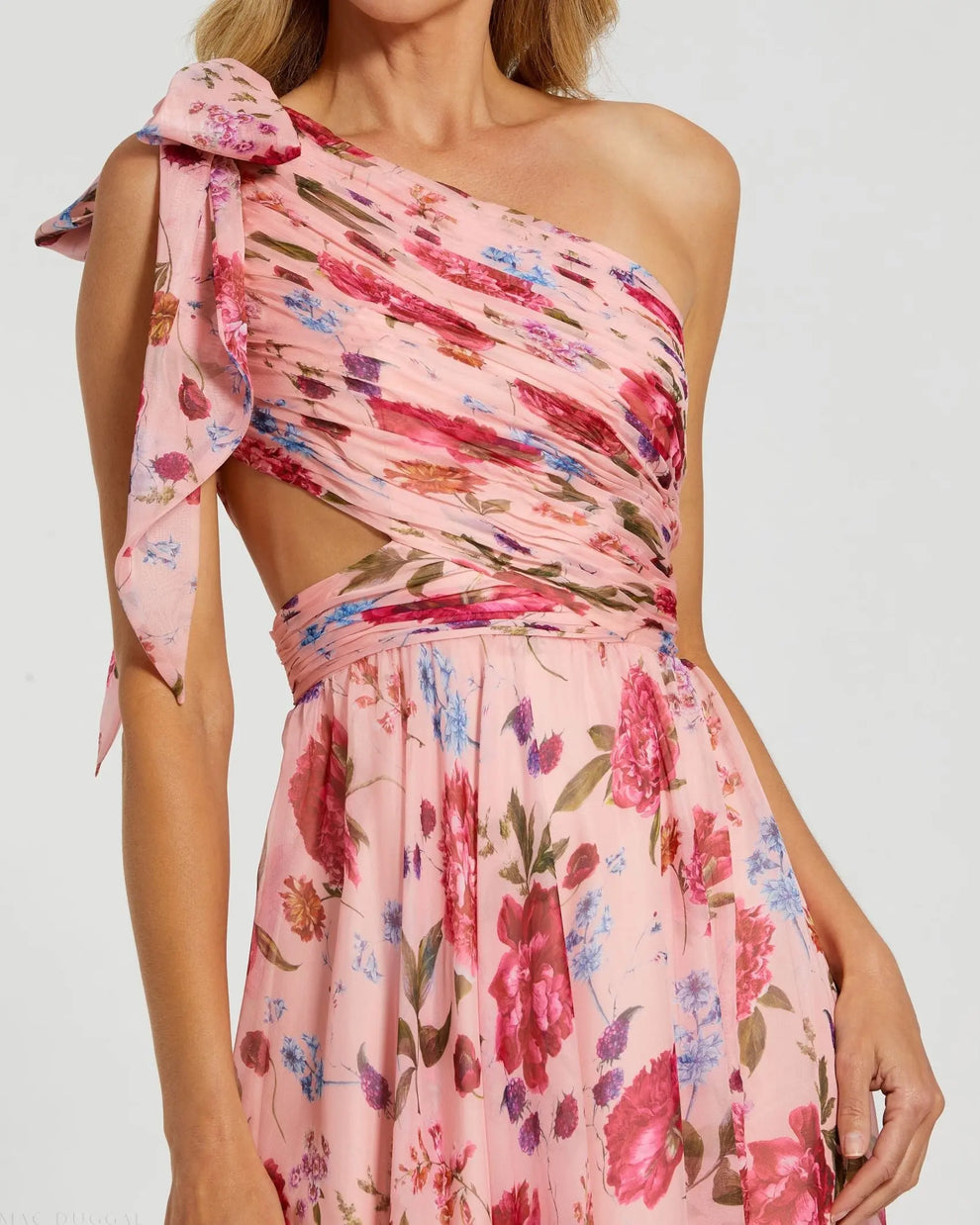 Pink One Shoulder Floral Printed Chiffon Side Cut Out Gown | Mac Duggal