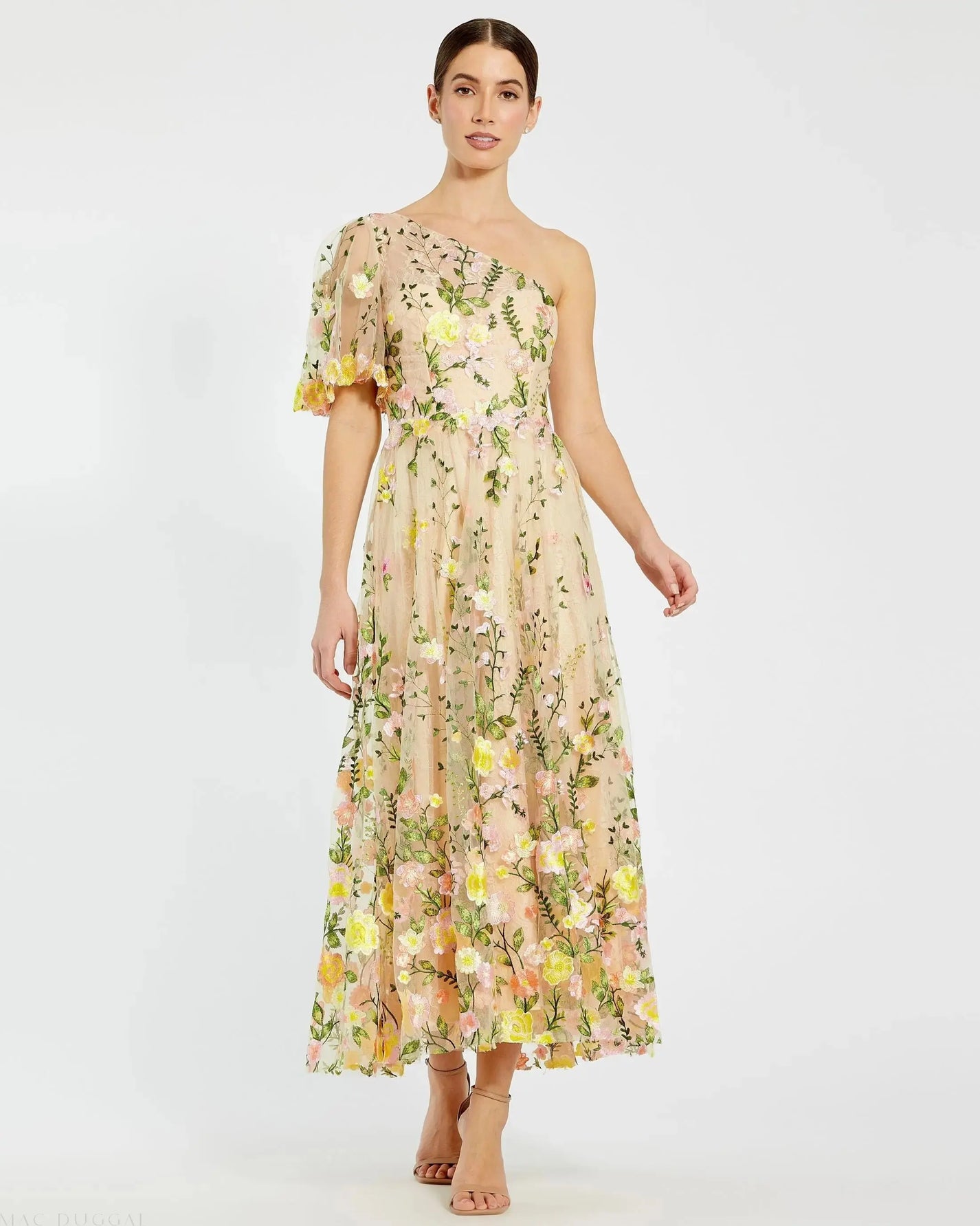Yellow One Shoulder Lace Embroidered Dress | Mac Duggal