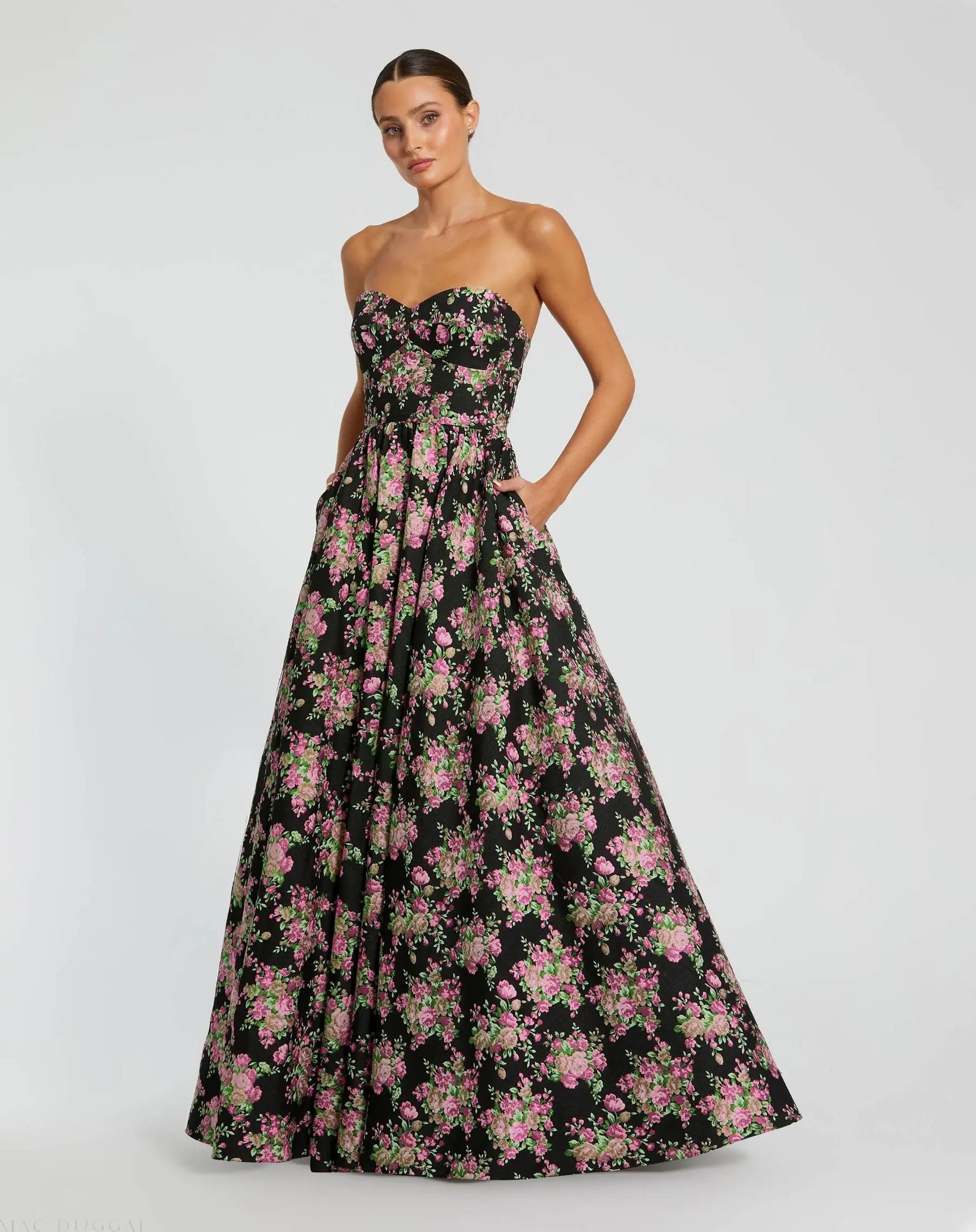 Black Strapless Sweetheart Brocade Floral A Line Gown - Mac Duggal