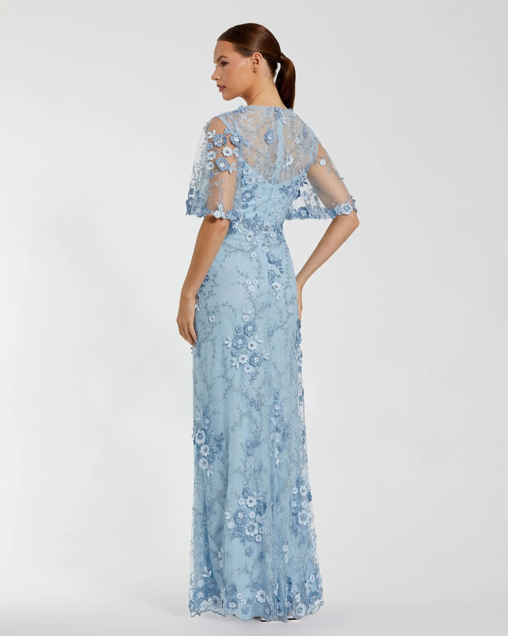 Blue Flutter Sleeve Floral Embroidered Net Gown | Mac Duggal