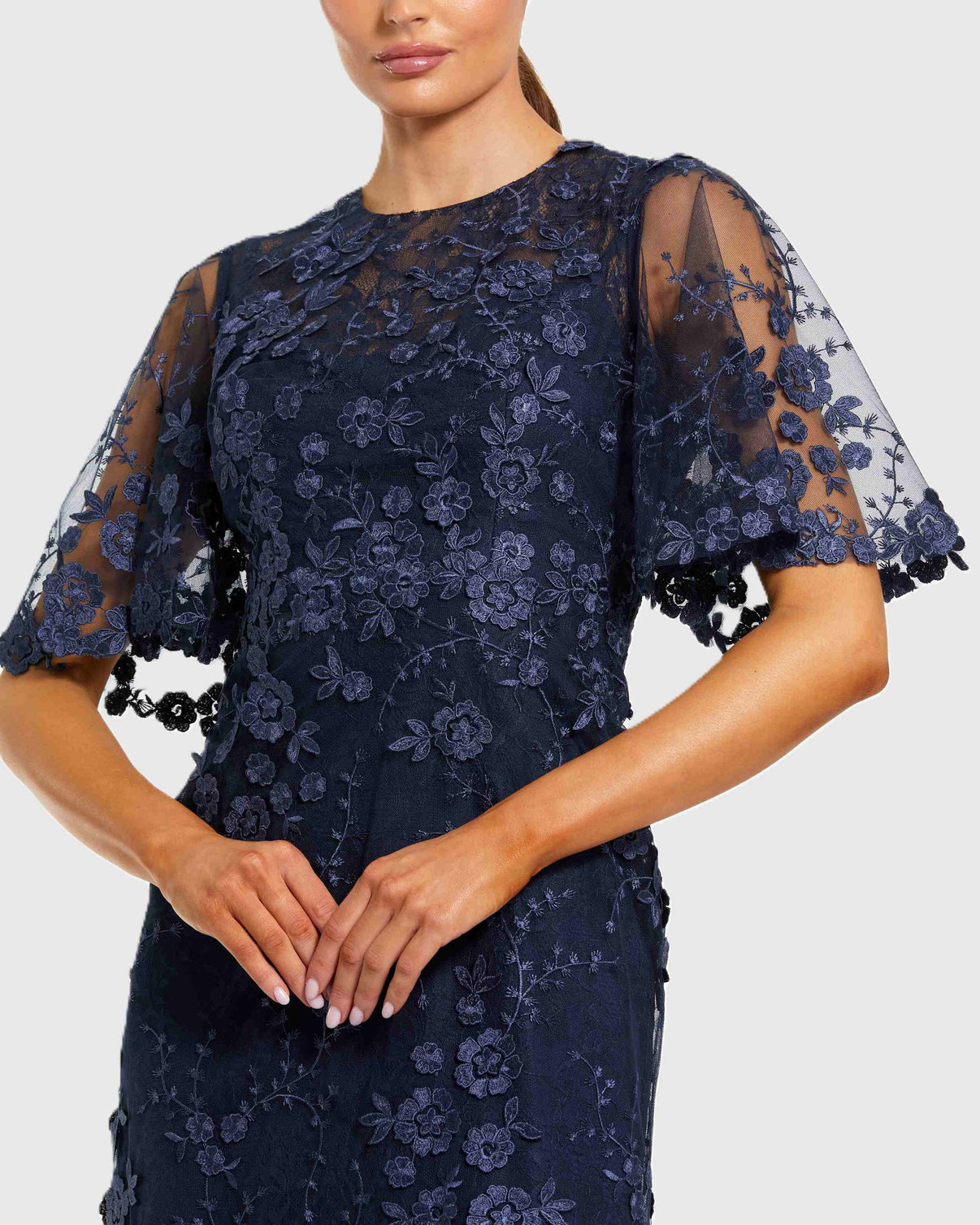 Navy Flutter Sleeve Floral Embroidered Net Gown | Mac Duggal