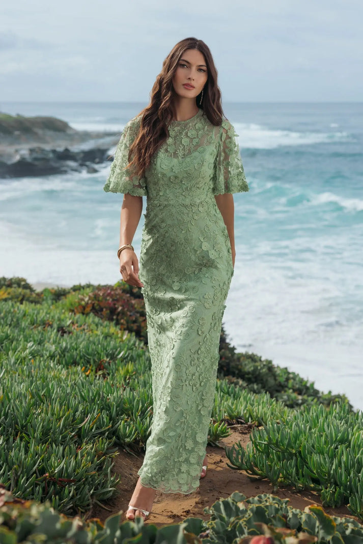 Green Flutter Sleeve Floral Embroidered Net Gown | Mac Duggal