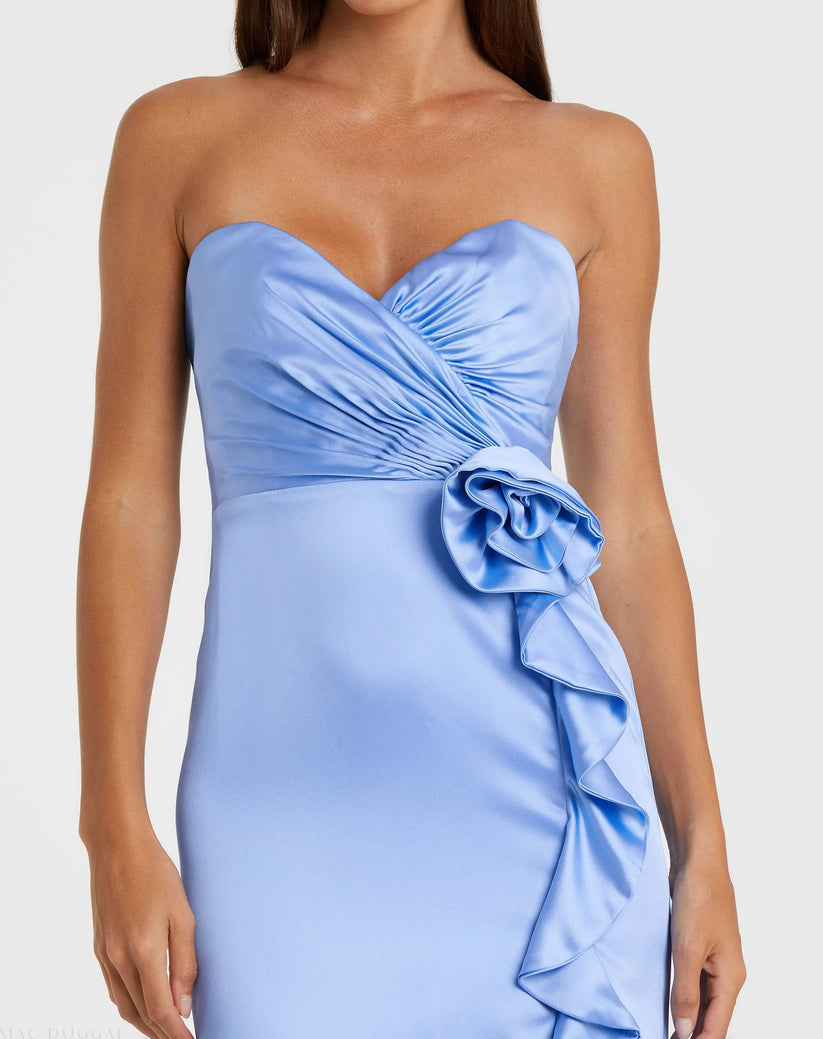Blue Strapless Satin Column Gown With 3D Flower - Mac Duggal